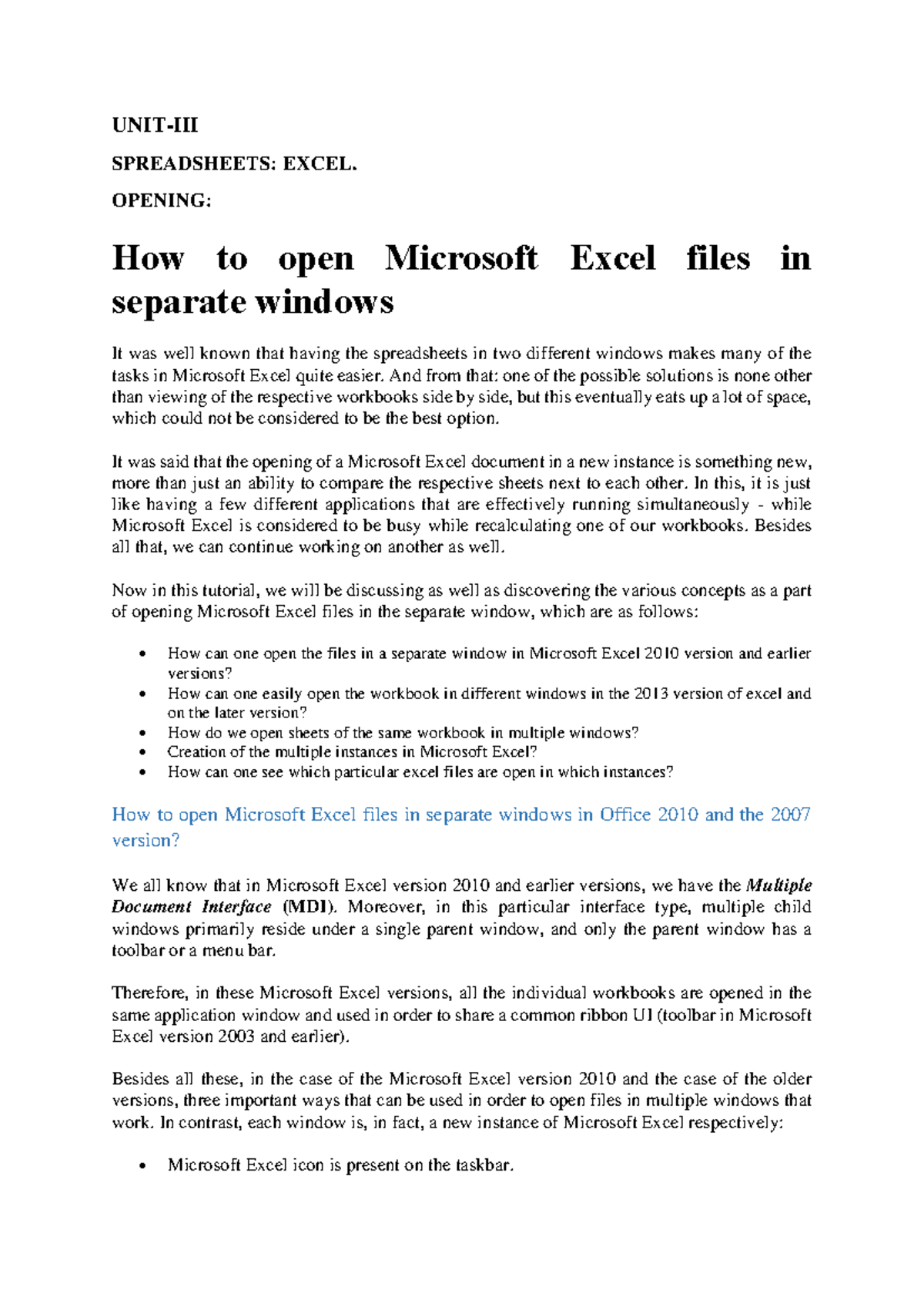 SPREADSHEETS: EXCEL - Opening Files in Separate Windows (Unit III ...