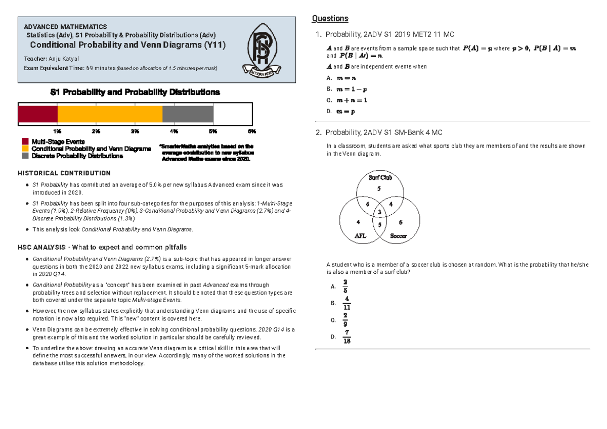 Conditional Probability & Venn Diagrams Review for 2ADV S1 Exam - Studocu