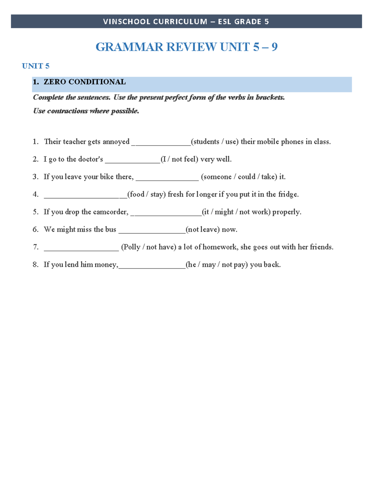 VINSCHOOL CURRICULUM ESL GRADE 5 GRAMMAR REVIEW UNITS 5 TO 9 - Studocu