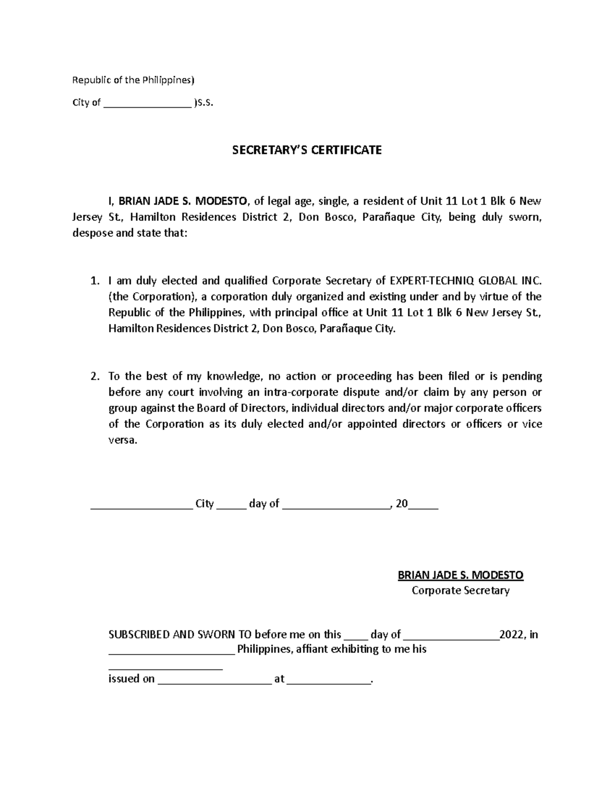 5. Sec Cert: Non-Existence of Intra-Corporate Dispute (Philippines ...