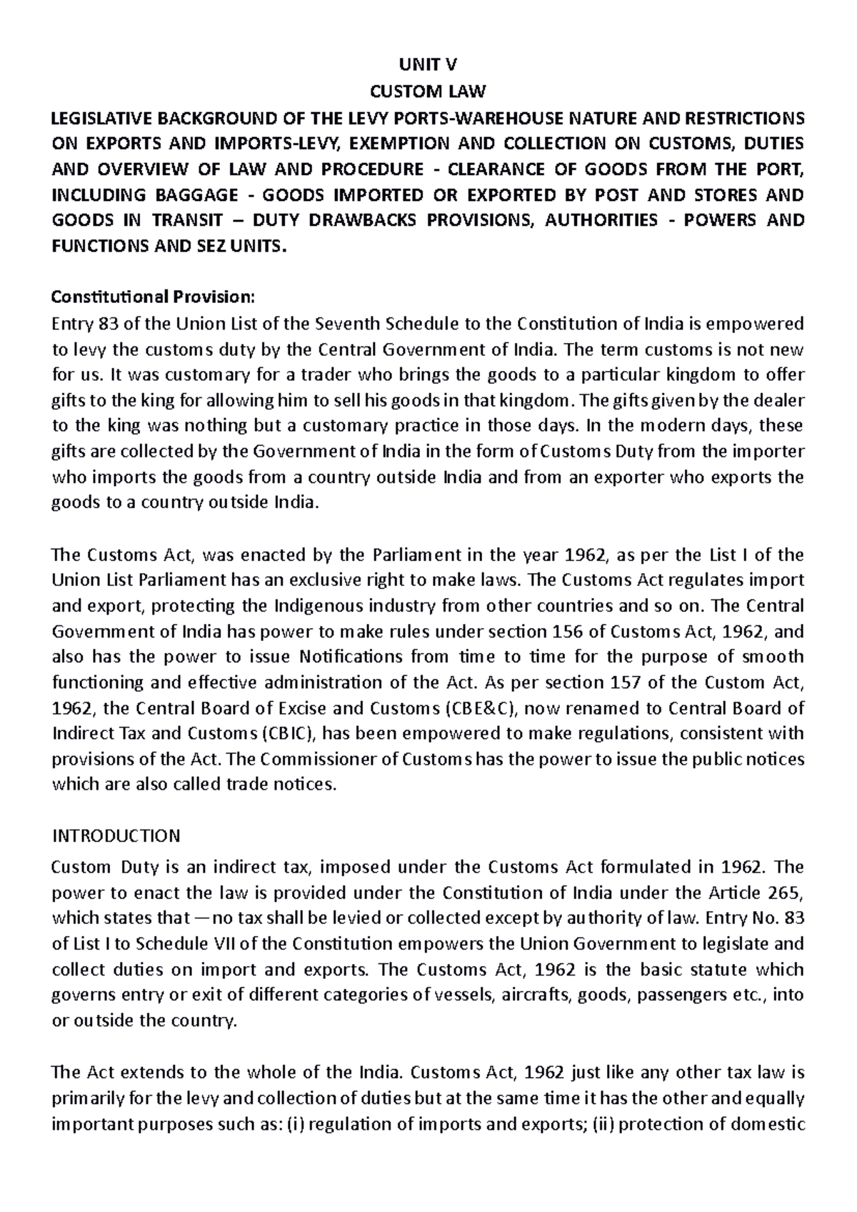 Law Unit V: Customs Law - Legislative Background, Levy, and Procedures ...
