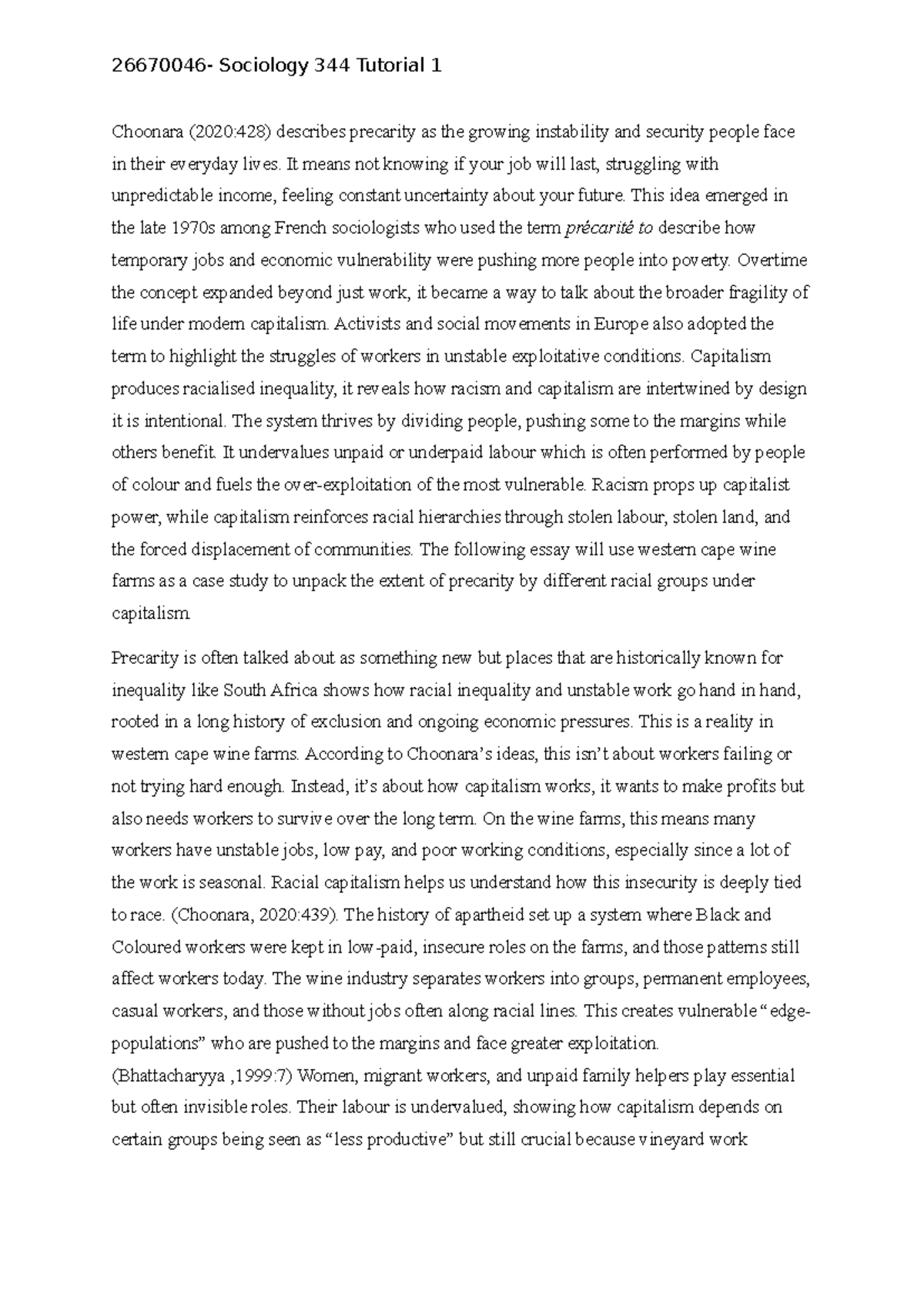 Sociology 344 Tutorial 1: Precarity and Racial Capitalism in Wine Farms ...
