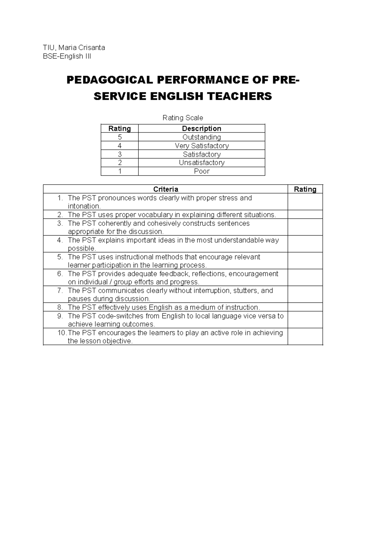 BSE-ENG III: Rating Scale & Checklist for Pre-Service Teachers - Studocu