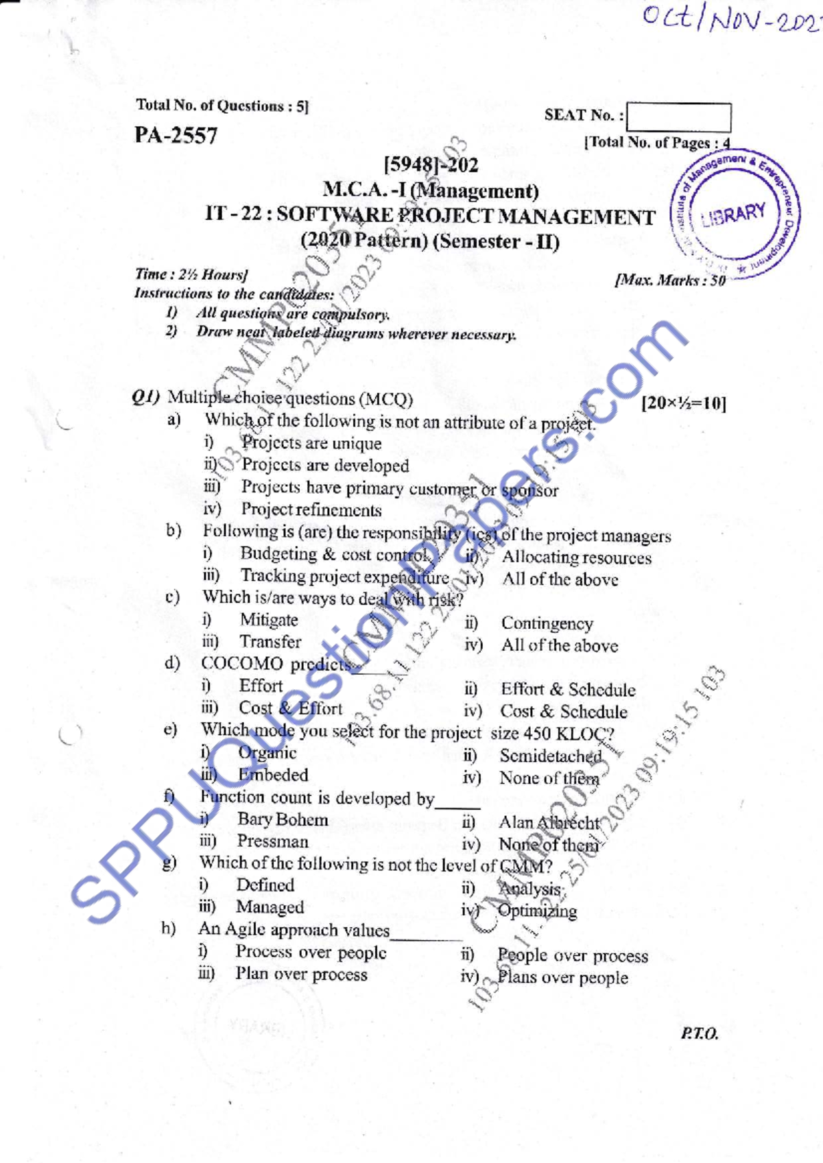 MCA Semester II 2022 Nov Software Project Management Exam Questions ...