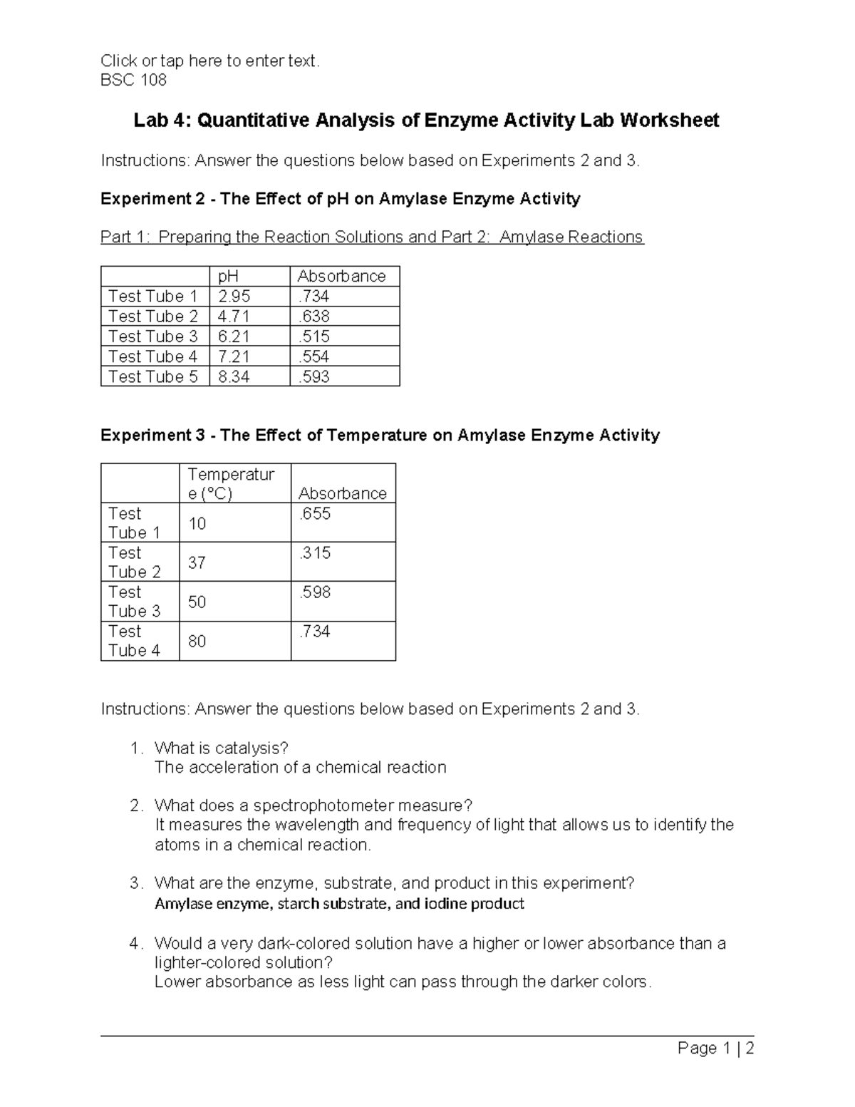 Lab 4: Enzyme Activity Analysis - BSC 108 Worksheet - Studocu