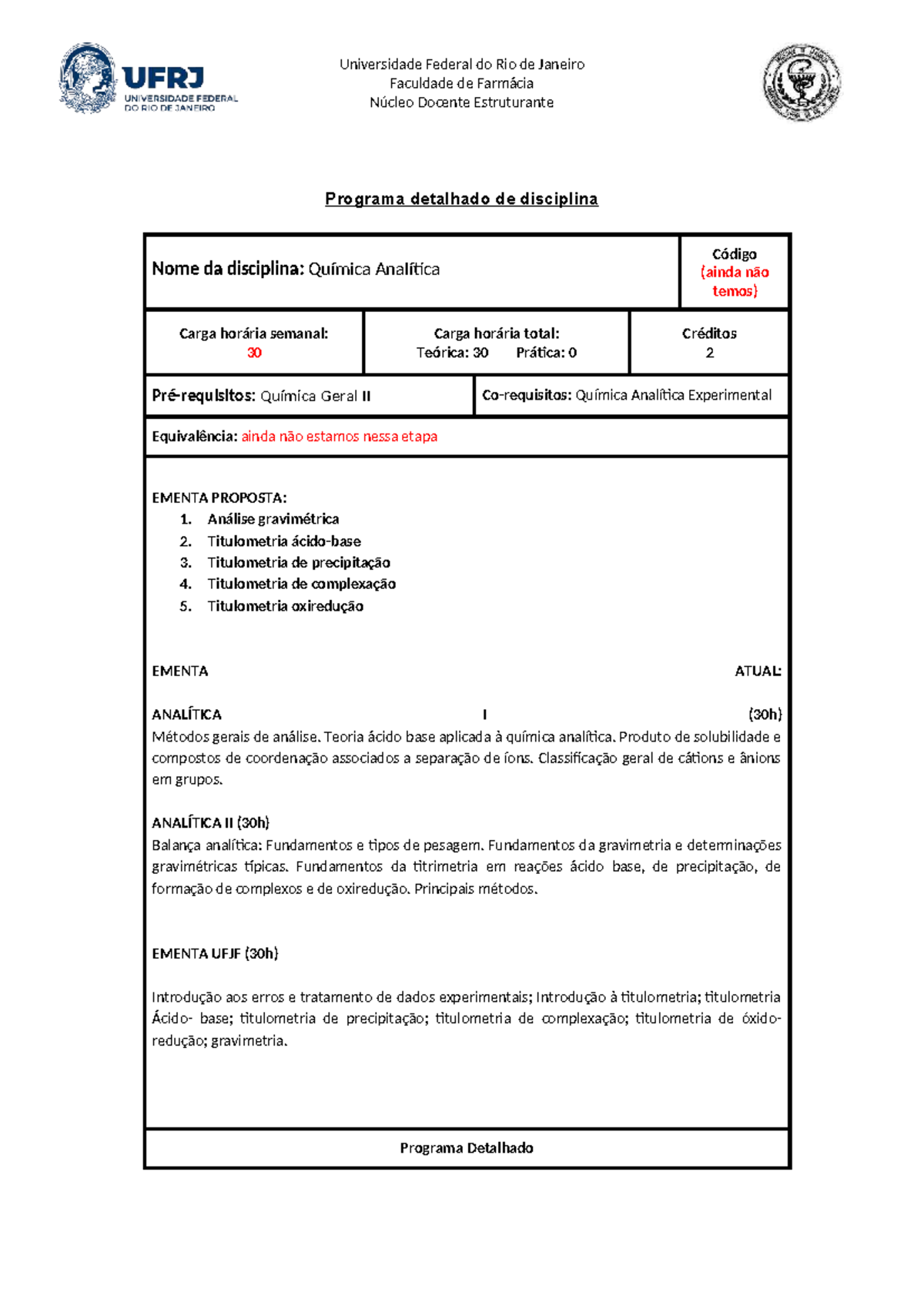 Química Analítica: Modelo de Programa de Disciplina - Proposta NDE ...