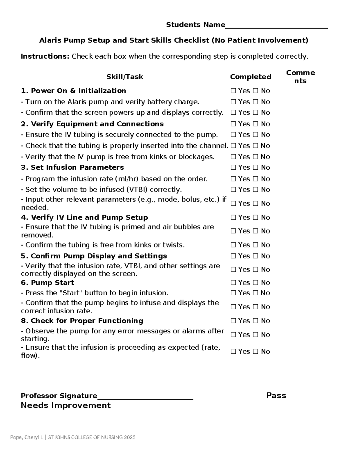IV Pump Skills Checklist: Alaris Setup & Start (No Patient Involvement ...