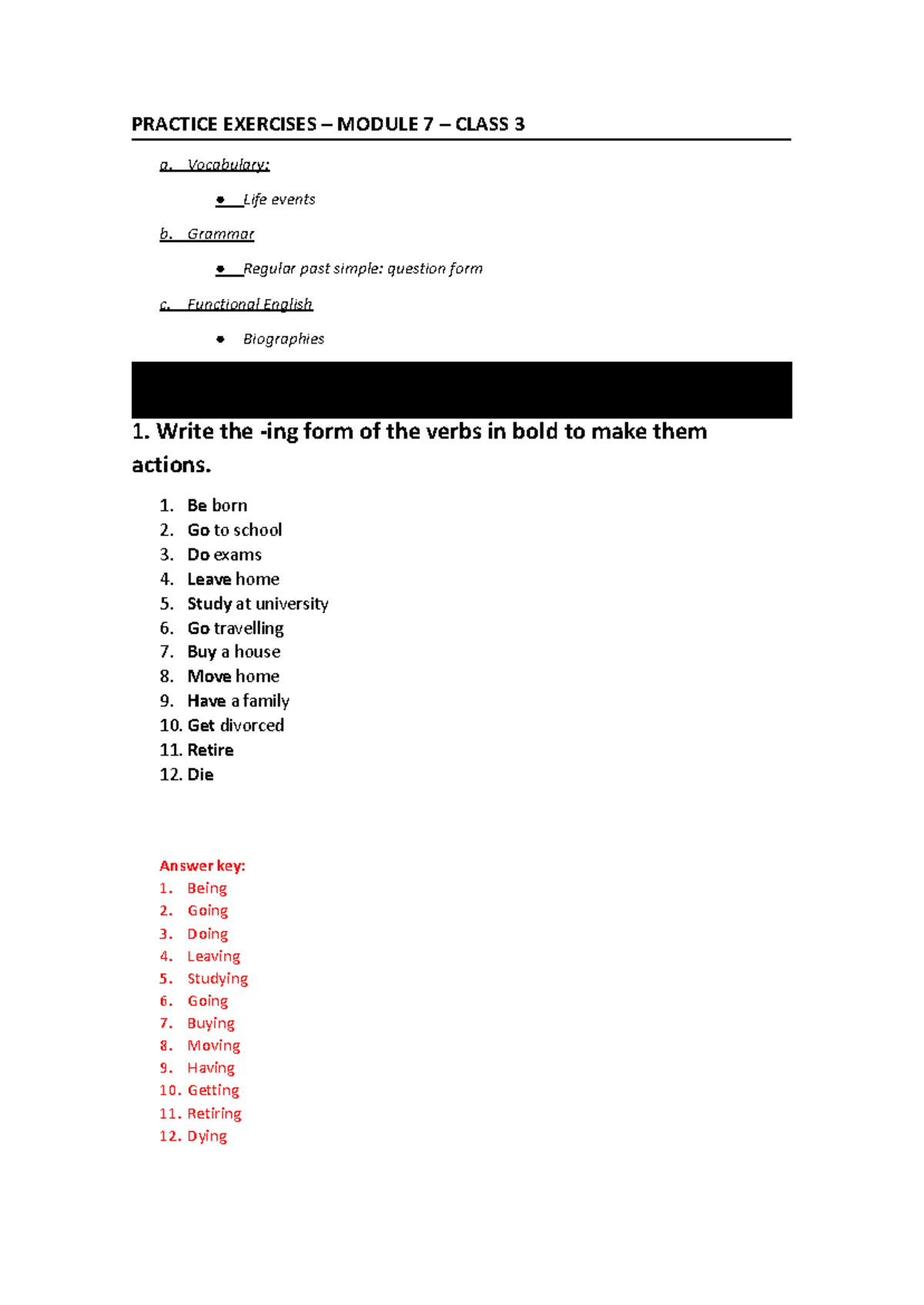 Practice Exercises Module 7 Class 3: Life Events & Grammar - Studocu