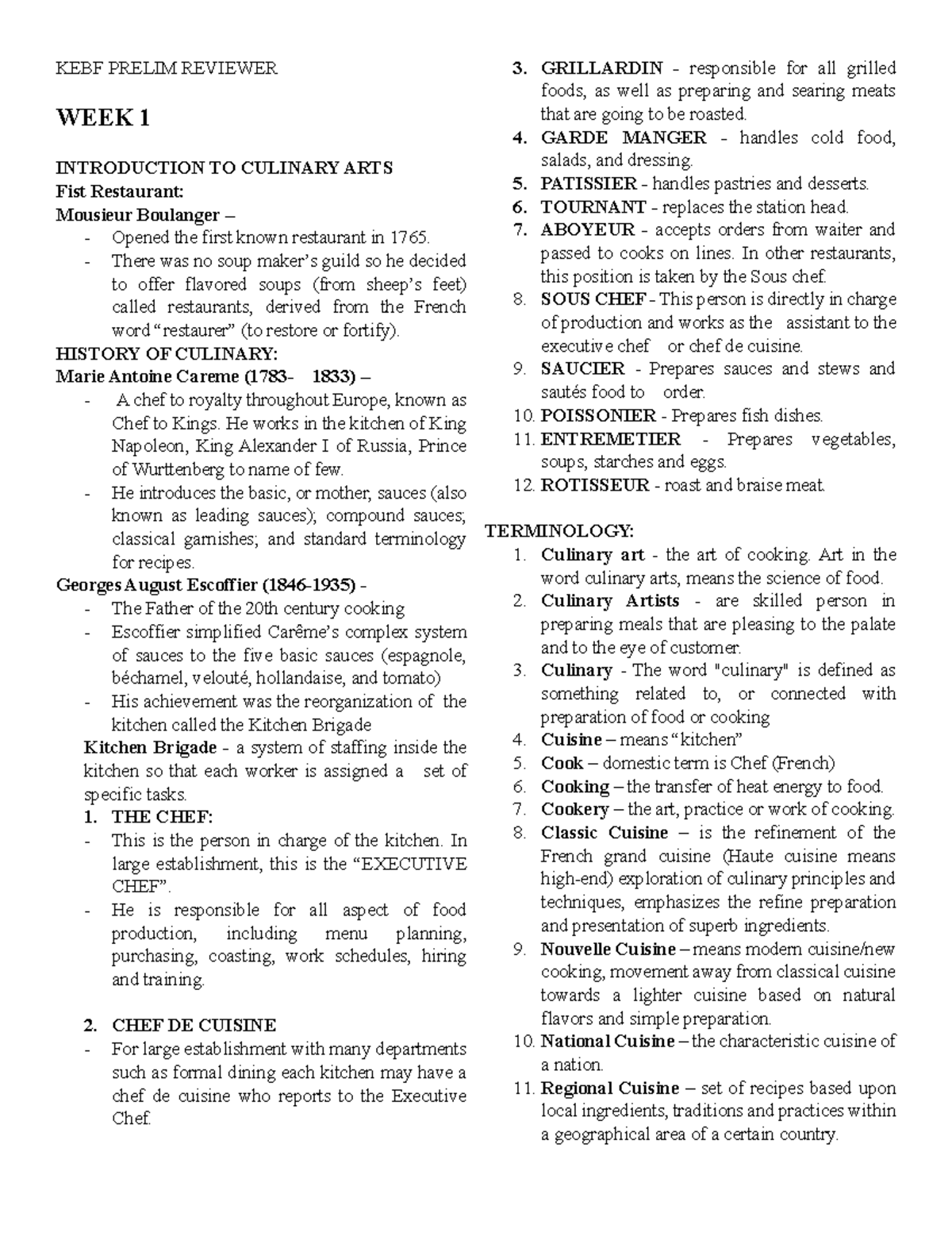 KEBF Culinary Arts Prelim Reviewer: Weeks 1-3 Study Notes - Studocu