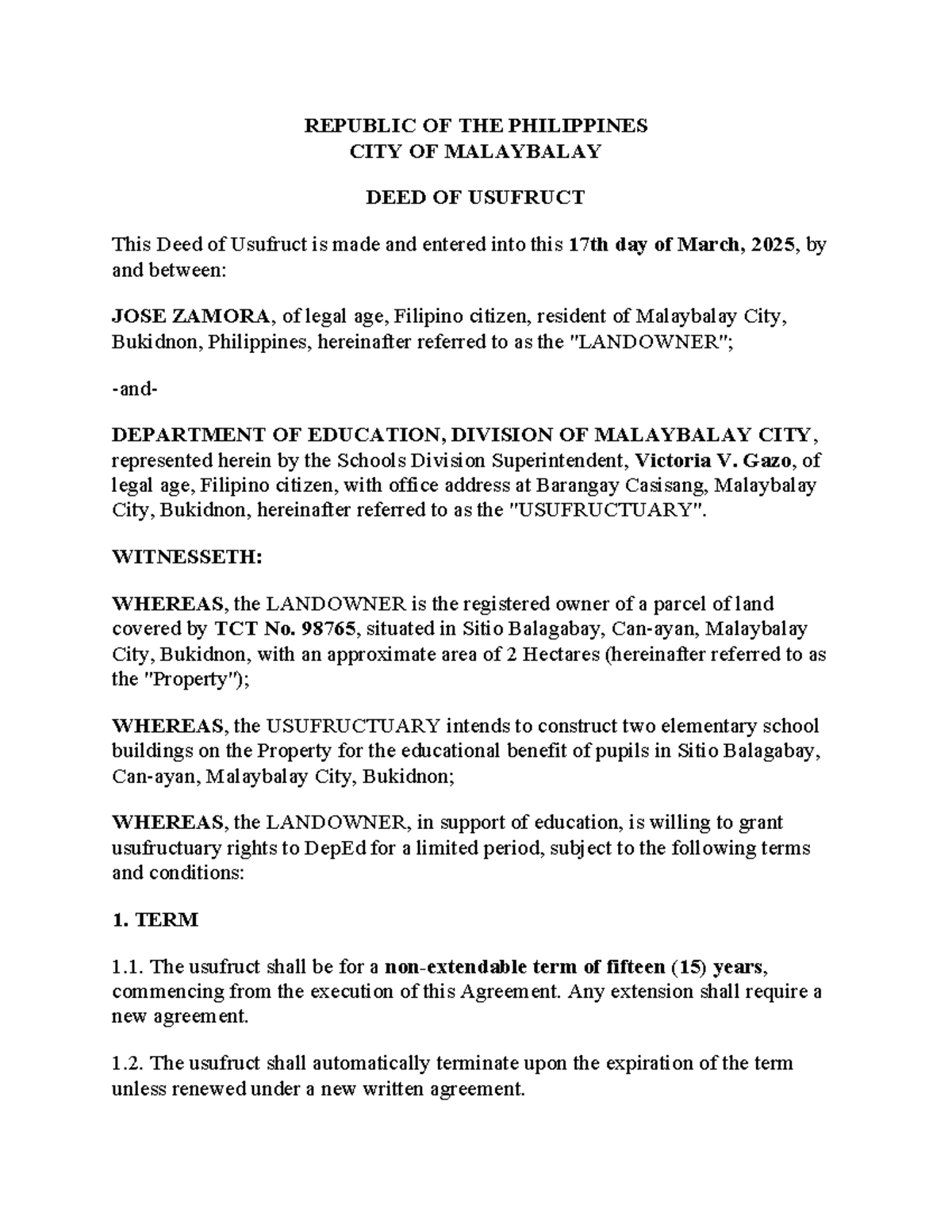 Bongcawel Revised DEED OF Usufruct - REPUBLIC OF THE PHILIPPINES CITY ...