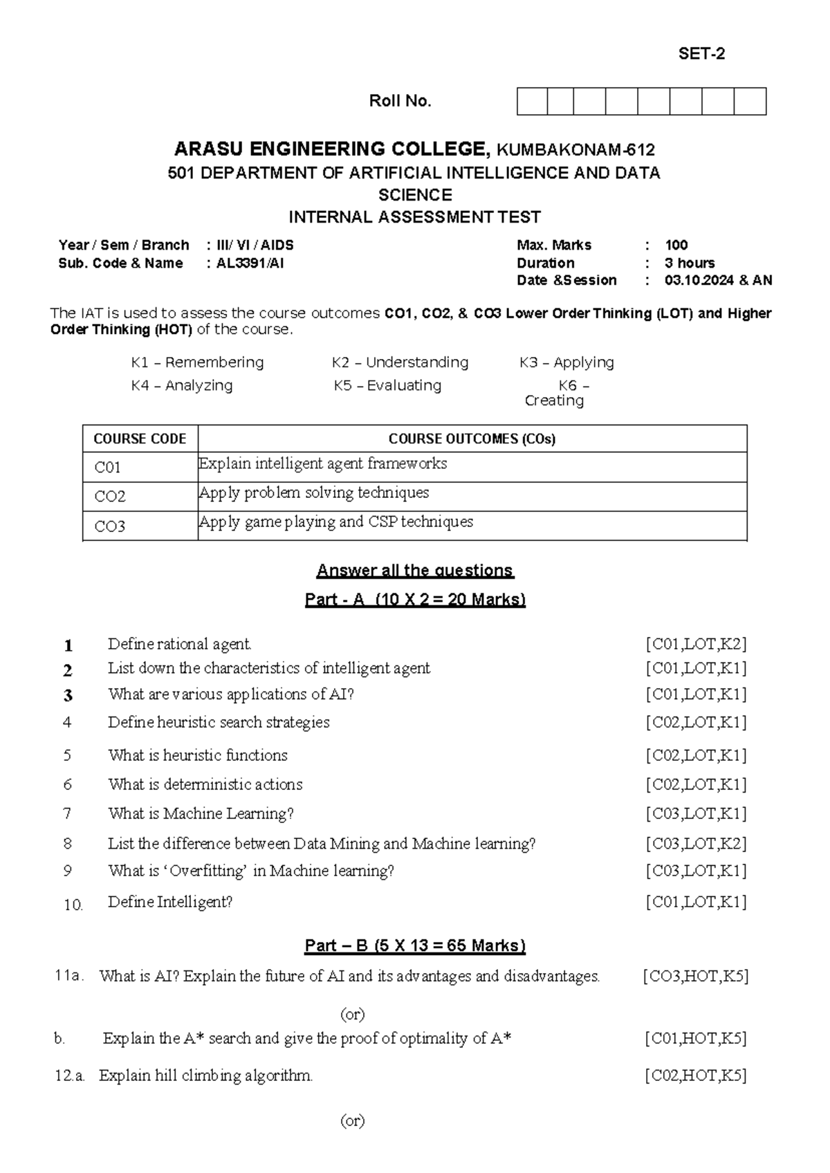 IAT AI 501 Internal Assessment Test - Set 2 Question Paper - Studocu