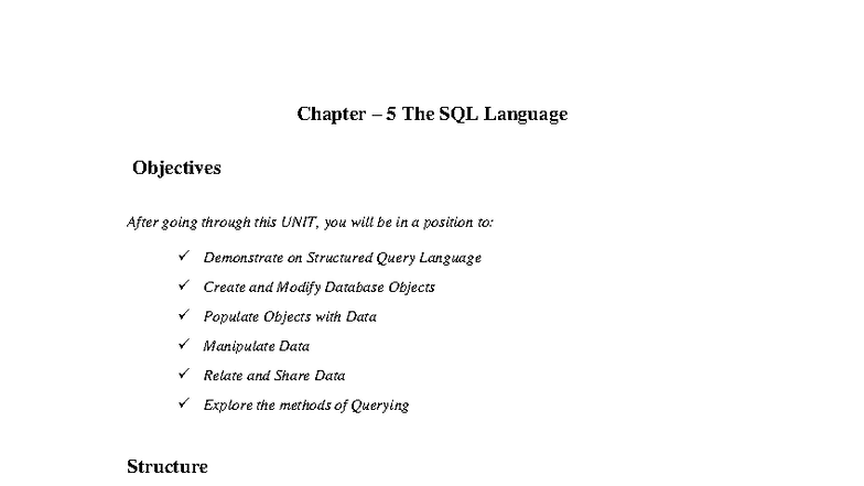 Chapter 5: SQL Language Overview and Objectives (CS101) - Studocu