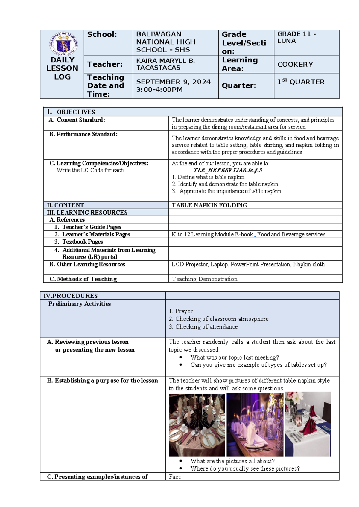 COT 1 FBS - Daily Lesson Log for Grade 11 Cookery - Studocu