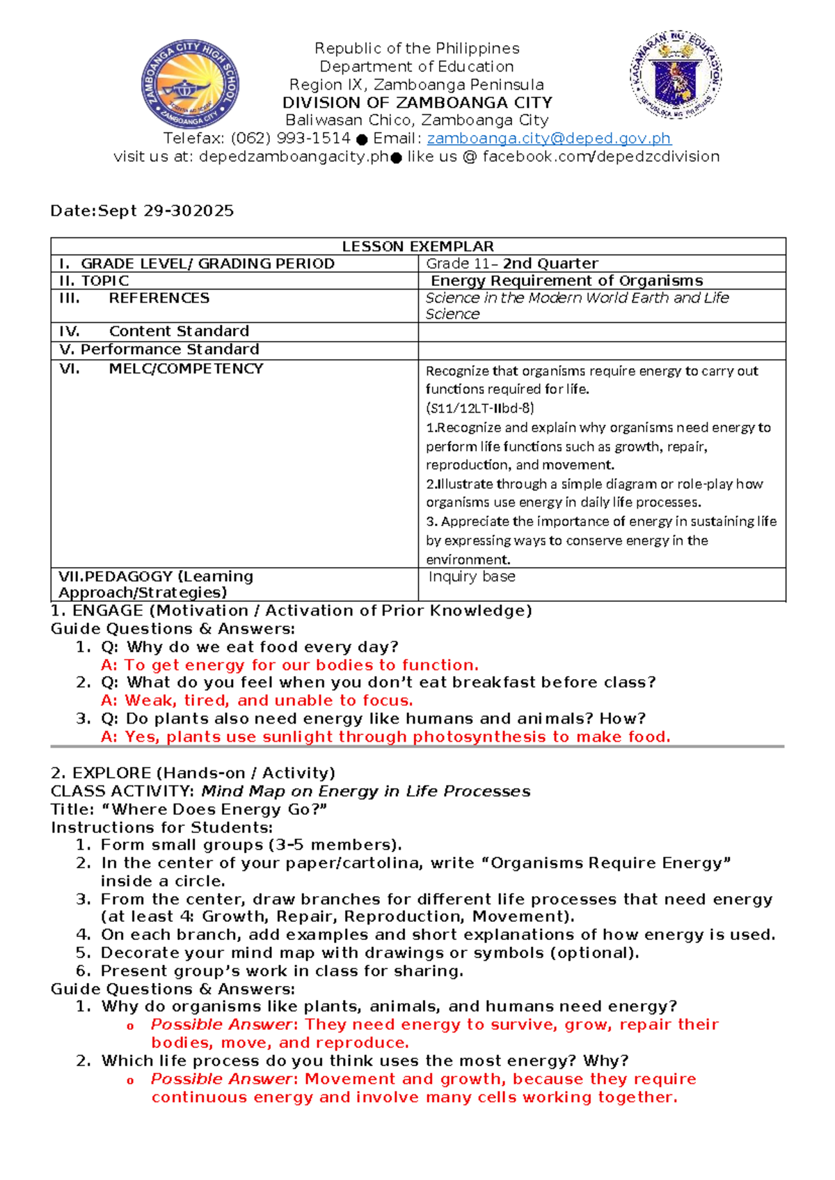 Grade 2 Science Lesson Exemplar: Energy Requirement of Organisms - Studocu