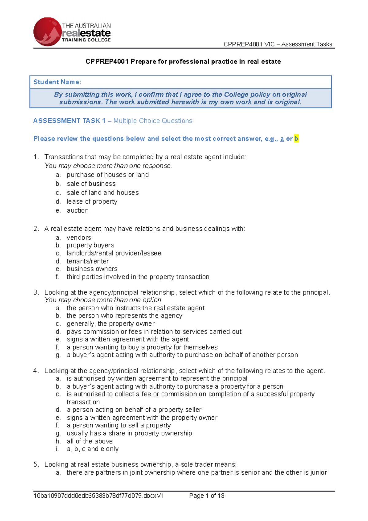 Cpprep 4001 VIC Assessment Tasks V1 - CPPREP4001 Prepare for professional practice in real ...