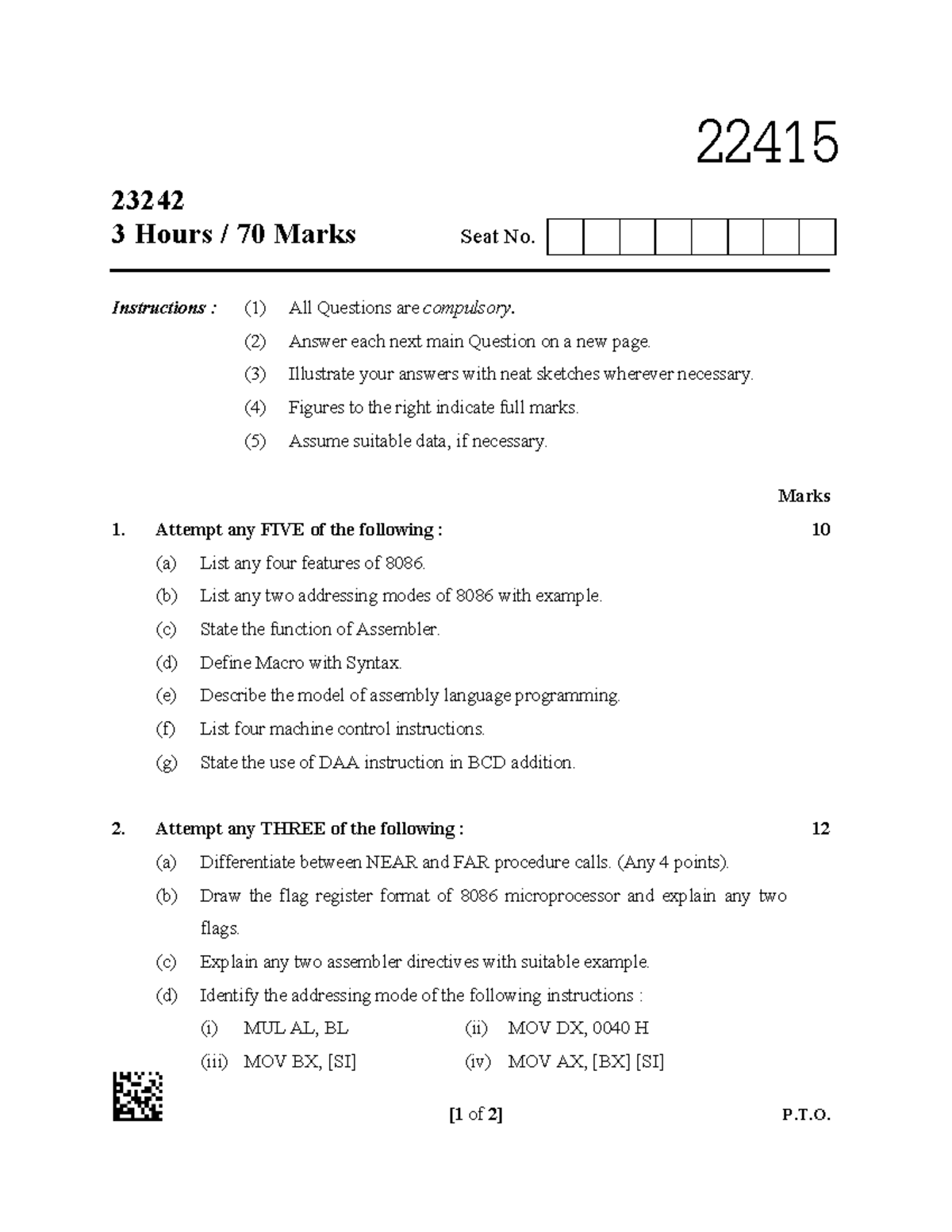 23242 3 Hours 70 Marks - 8086 Microprocessor Exam Instructions - Studocu