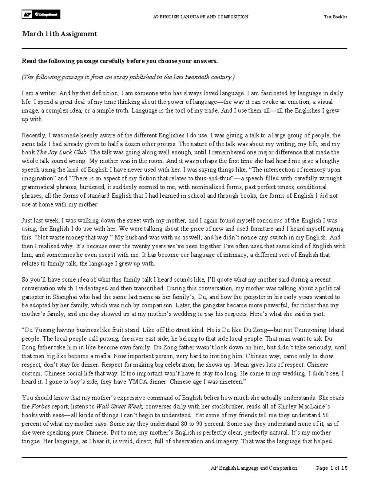 AP ENGLISH LANGUAGE AND COMPOSITION Test Booklet - March 11th ...