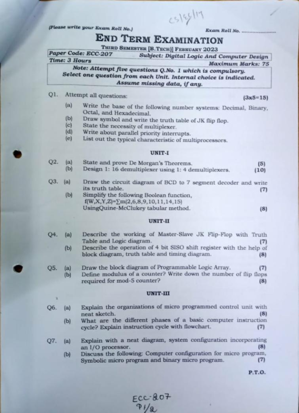 DLCD PYQ - Digital Logic & Computer Design End Term Exam Questions ...