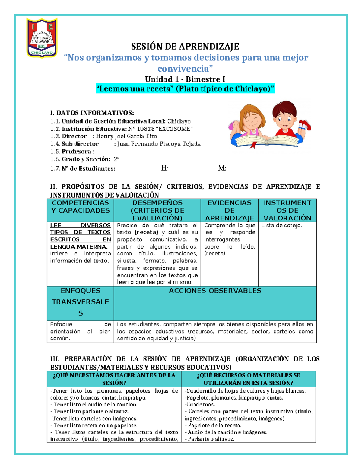 Sesión de Aprendizaje: Leemos Recetas y Convivencia en Chiclayo - Studocu