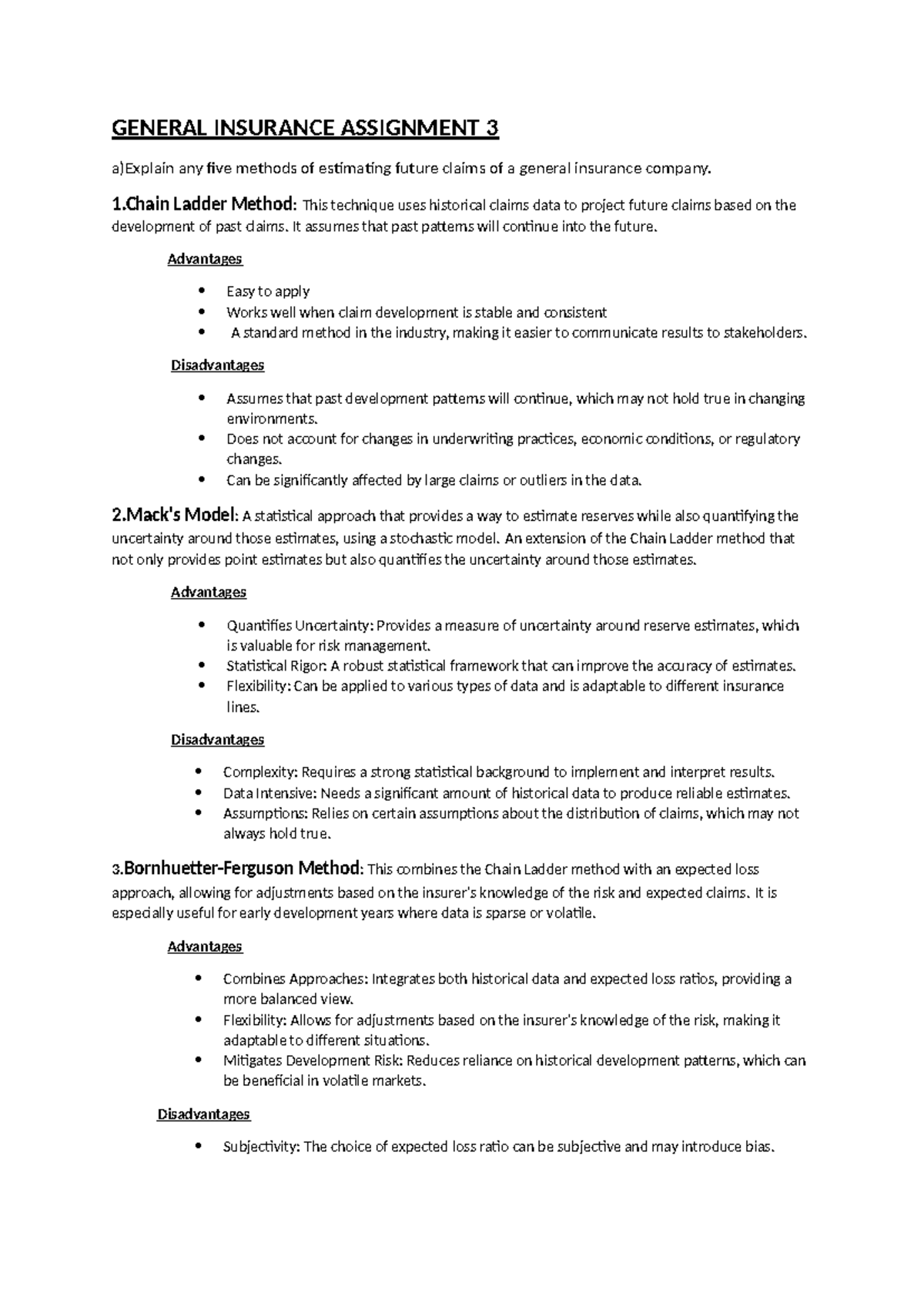 General Insurance Assignment 3: Estimating Future Claims Methods - Studocu