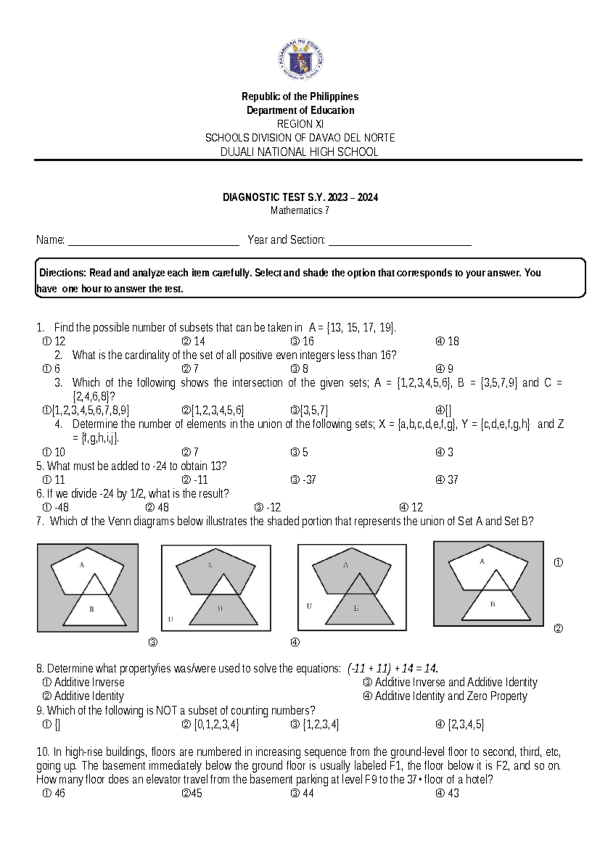 Math 7 Diagnostic Test SY 2023-2024 with Answer Key - Studocu