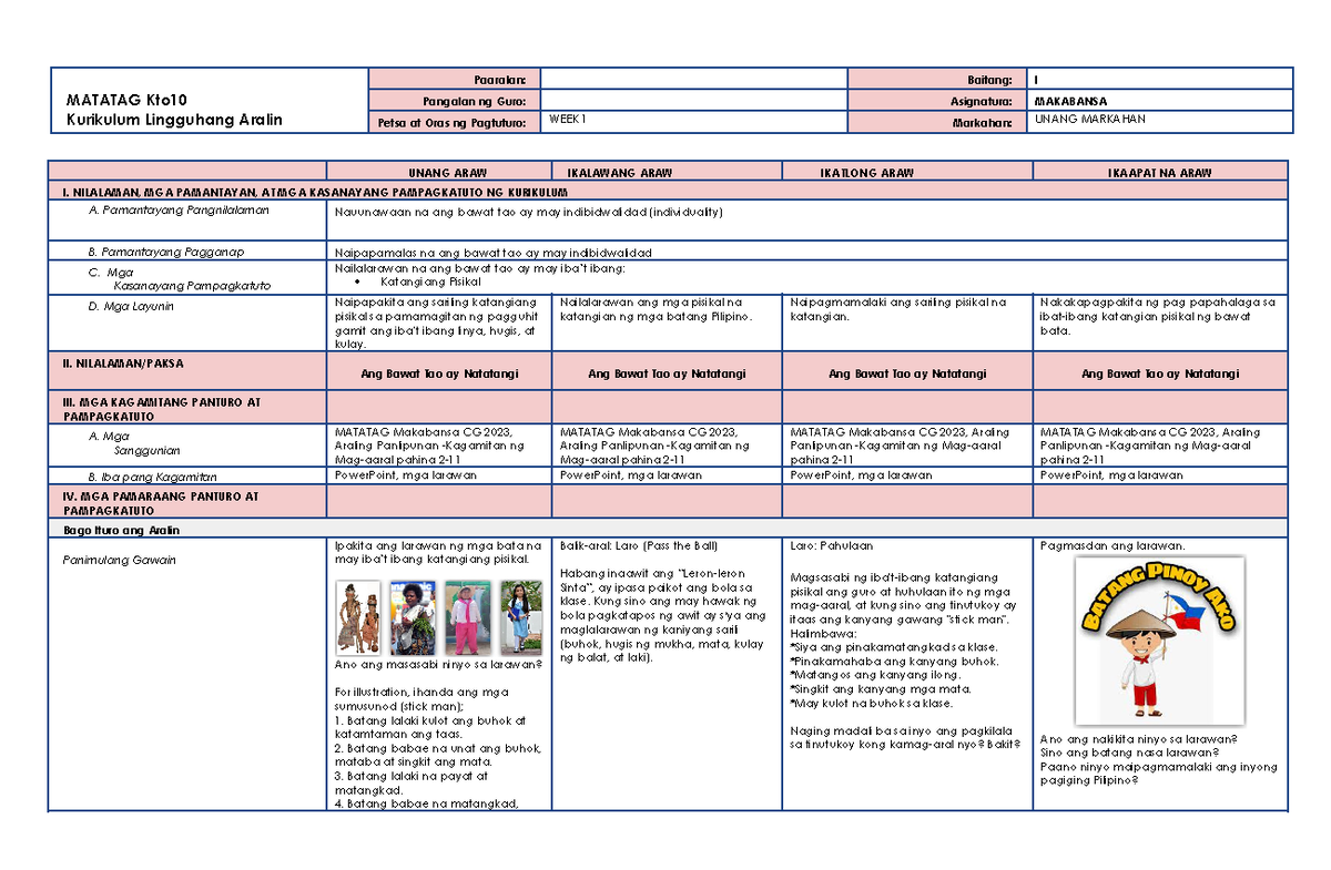 Makabansa 1 Q1 W1 Matatag Lesson Plan and Curriculum Guide - Studocu