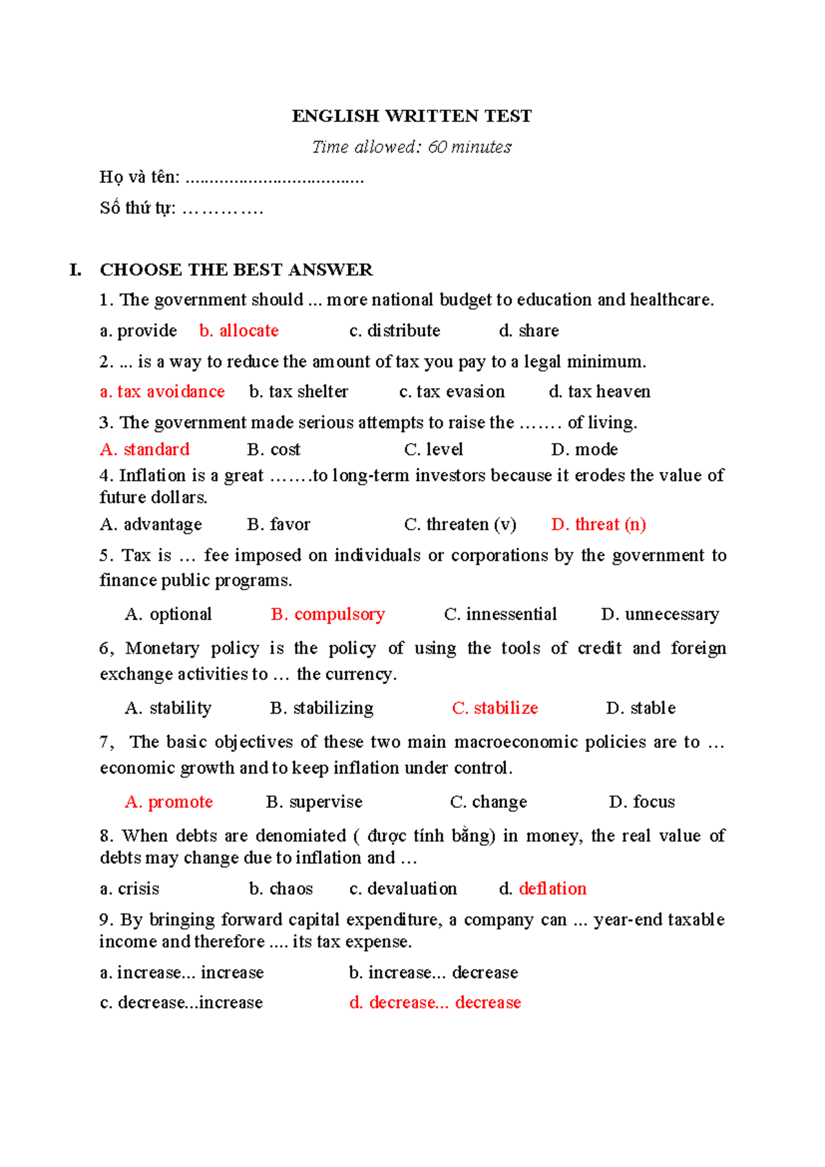 ENGLISH WRITTEN TEST (60 min) - Practice Questions & Answers - Studocu