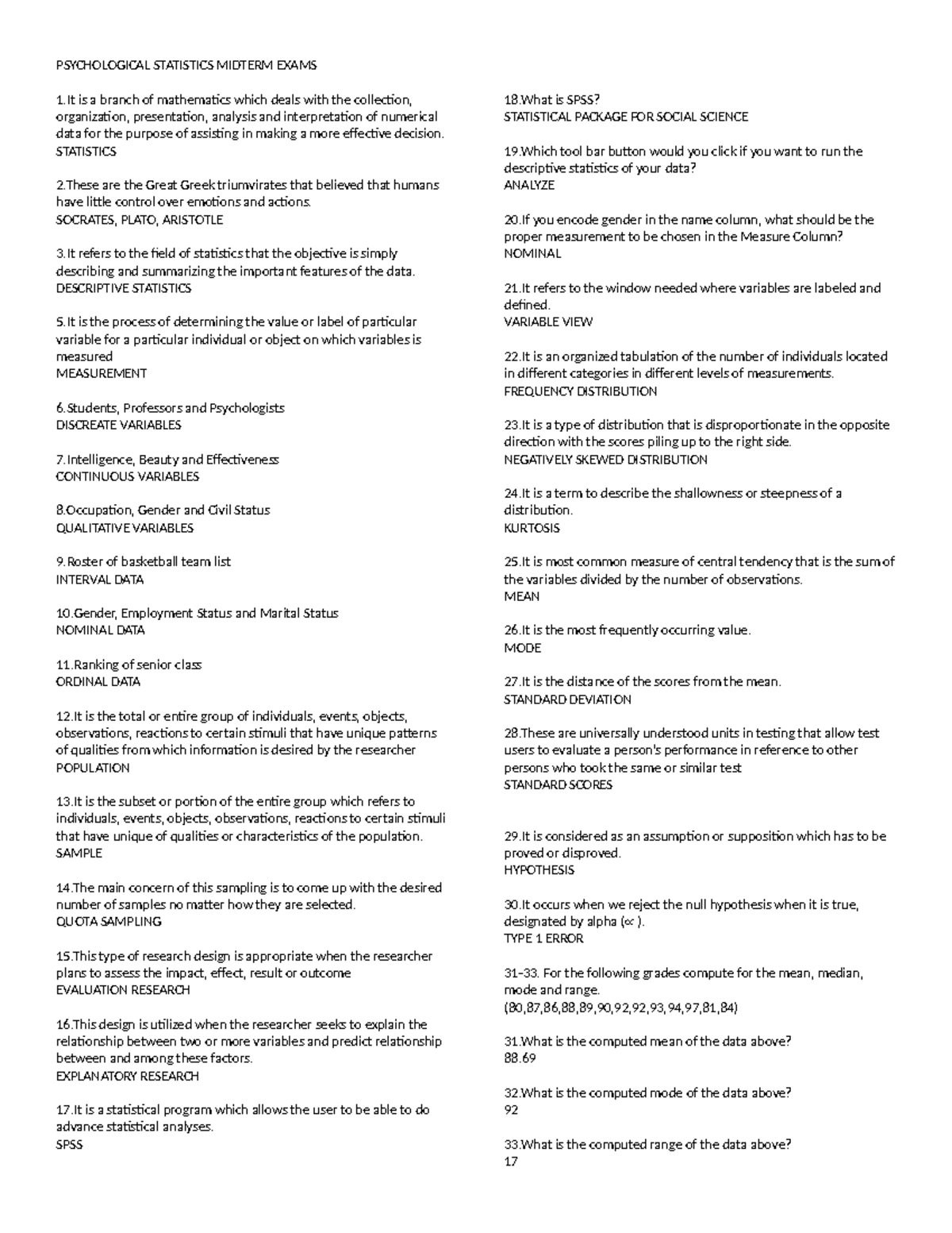 STAT 101 Midterm Exam Review - Key Concepts and Definitions - Studocu