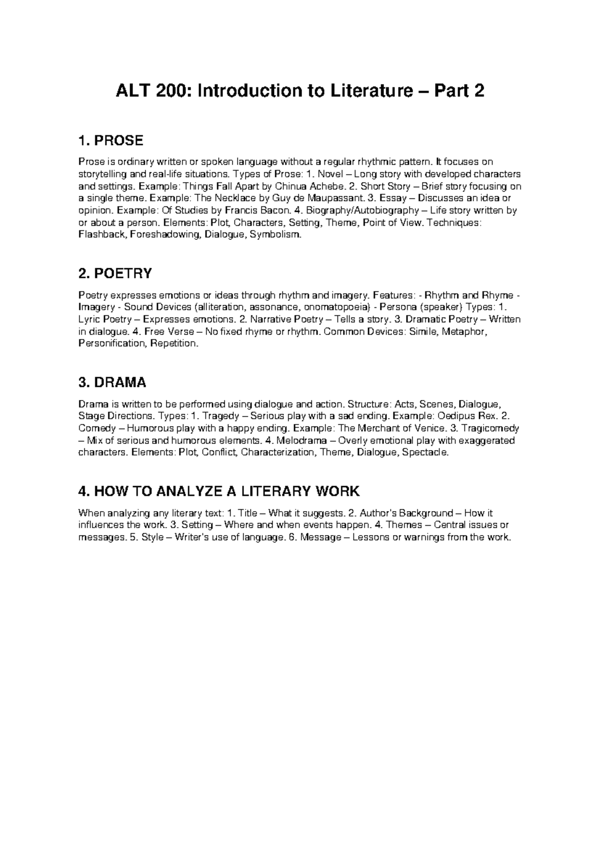 ALT 200: Introduction to Literature Notes - Prose, Poetry, Drama - Studocu