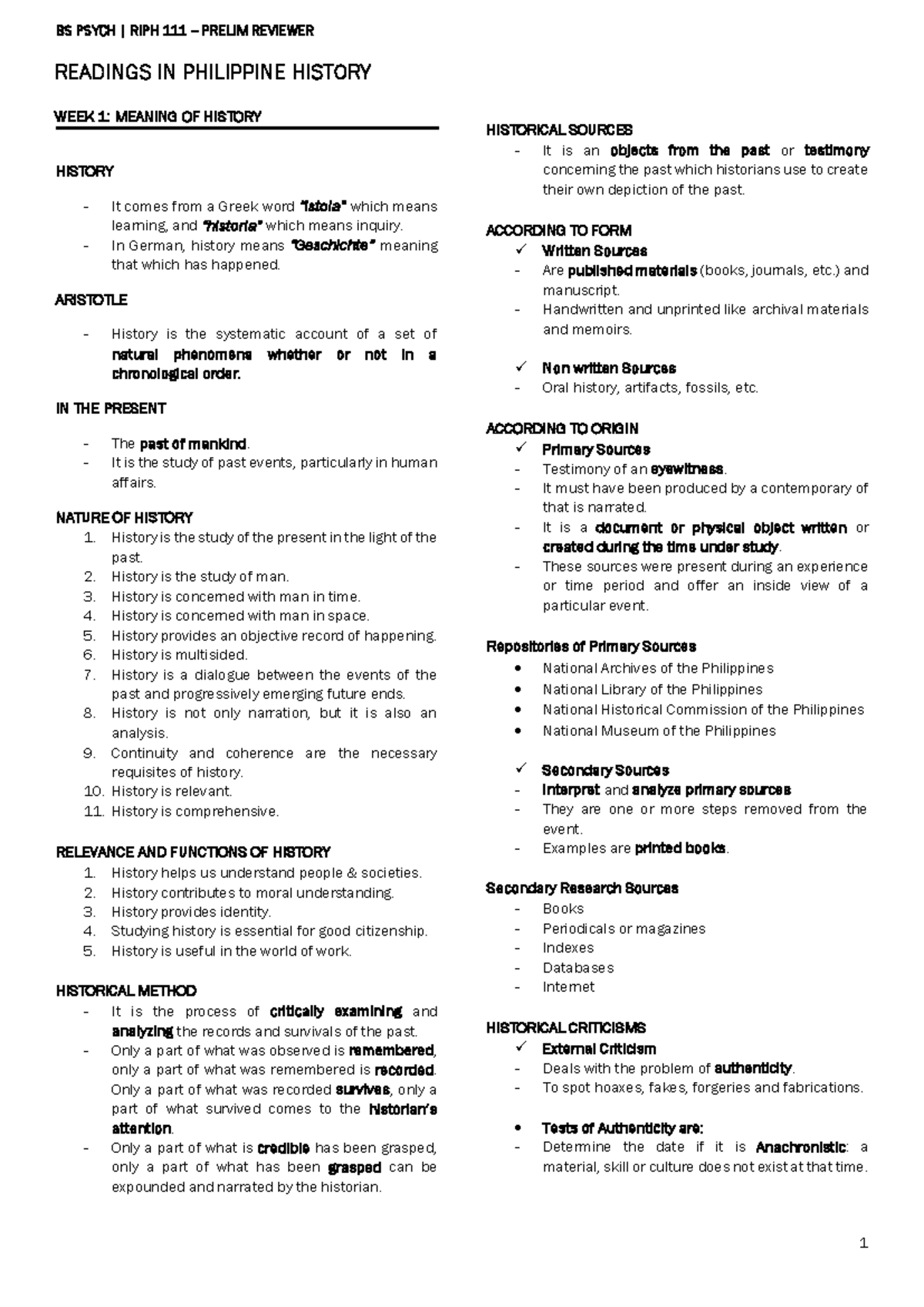 RIPH111 - Prelim Reviewer: Understanding Philippine History - Studocu