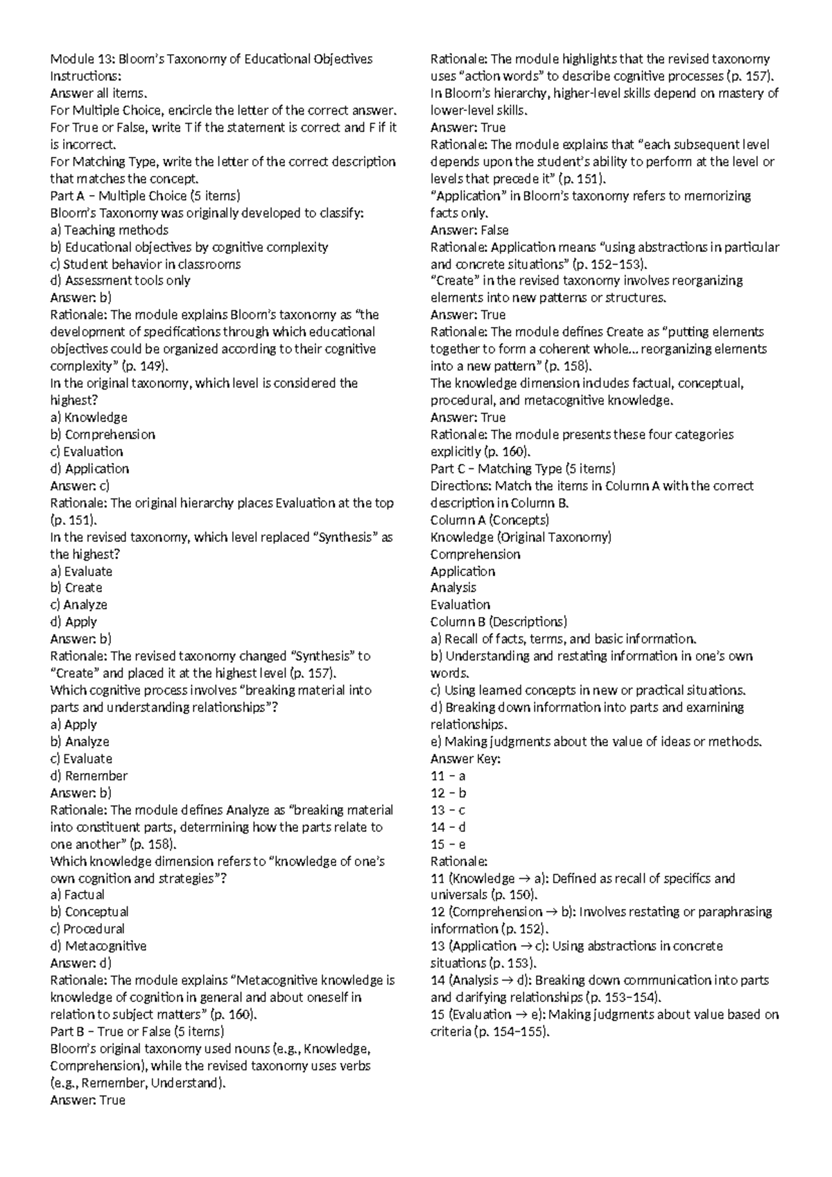 Module 13: Bloom's Taxonomy of Educational Objectives Study Guide - Studocu