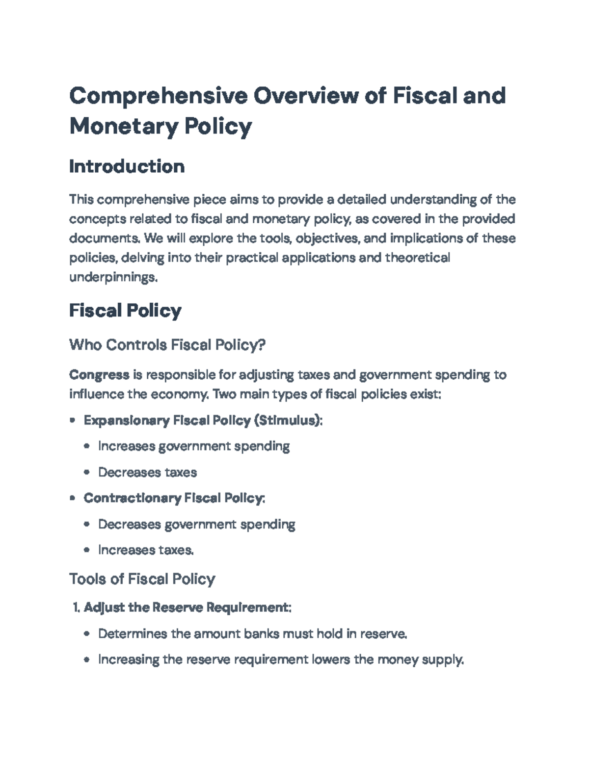 Comprehensive Overview of Fiscal and Monetary Policy (Econ 101 ...