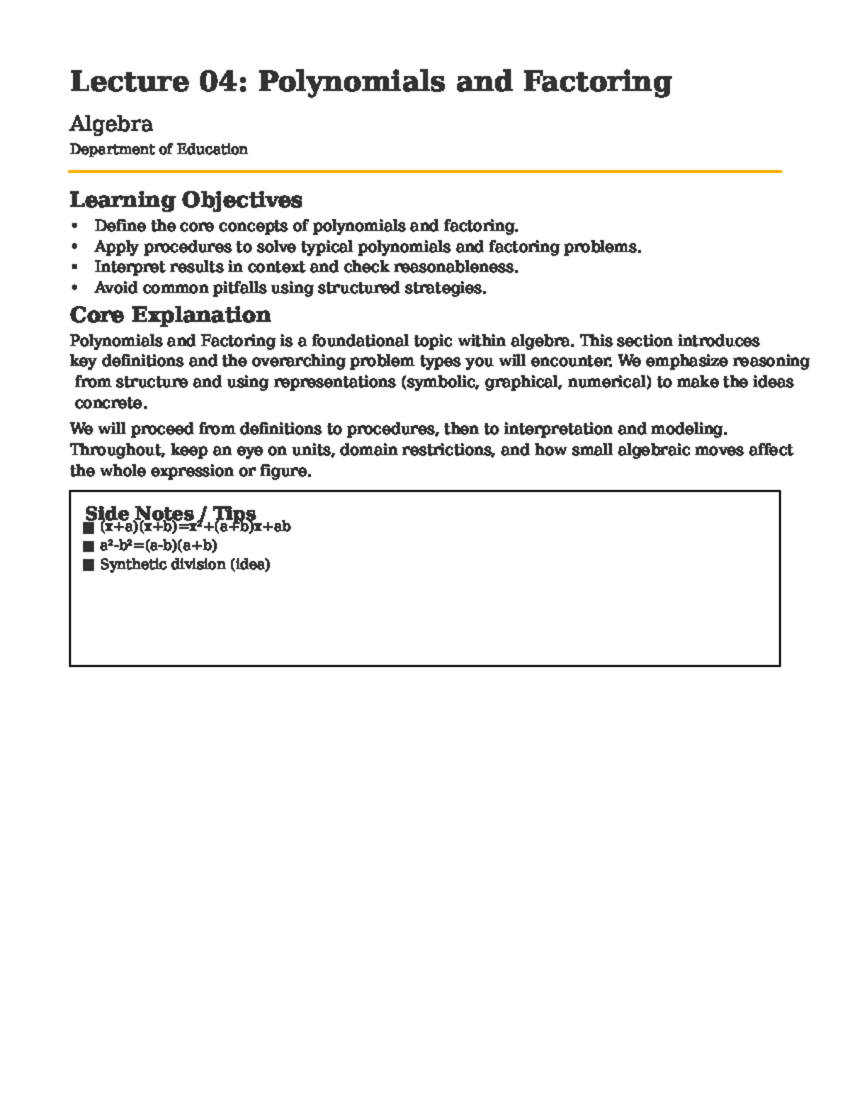 Lecture 04: Understanding Polynomials & Factoring in Algebra - Studocu