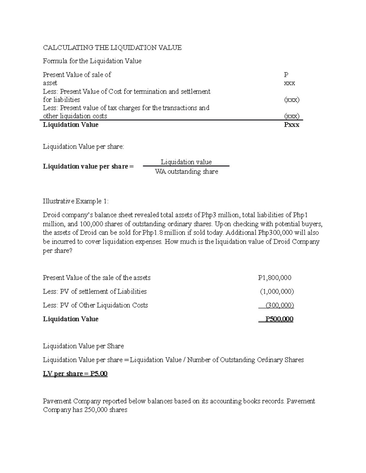 Calculating THE Liquidation Value - CALCULATING THE LIQUIDATION VALUE ...