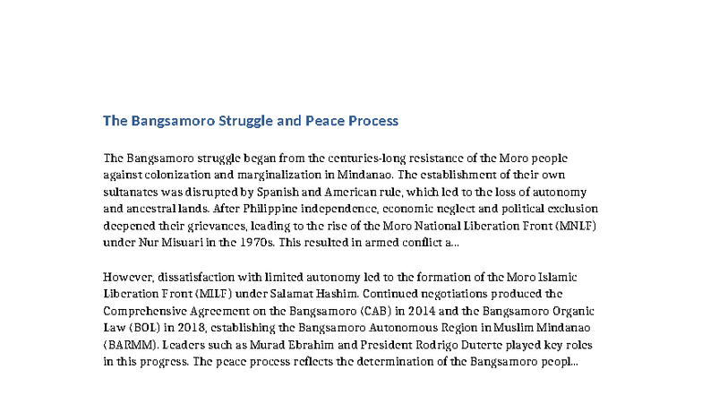 Bangsamoro Struggle and Peace Process: A Short Essay Analysis - Studocu