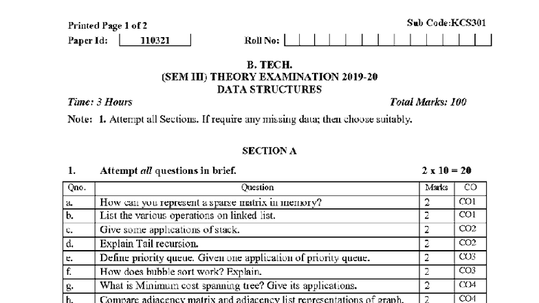 BTECH (SEM III) DATA STRUCTURE KCS301 Combined Exam Notes - Studocu