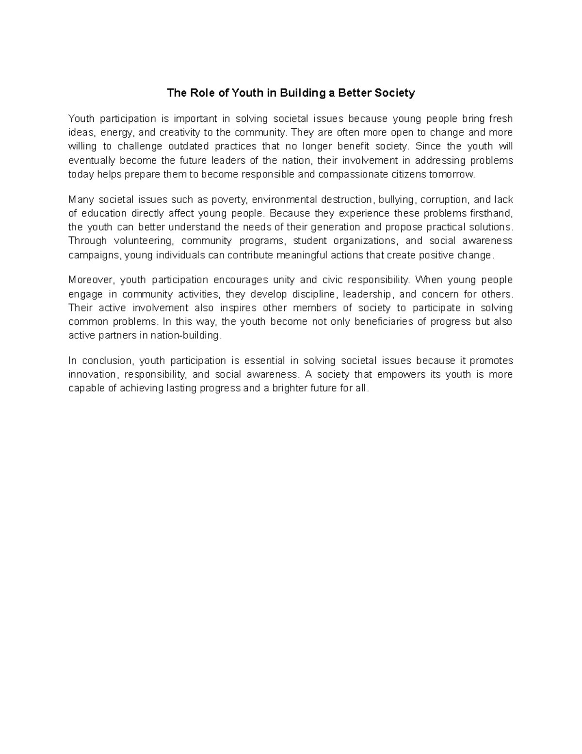 Youth Participation in Societal Change: Building a Better Future - Studocu