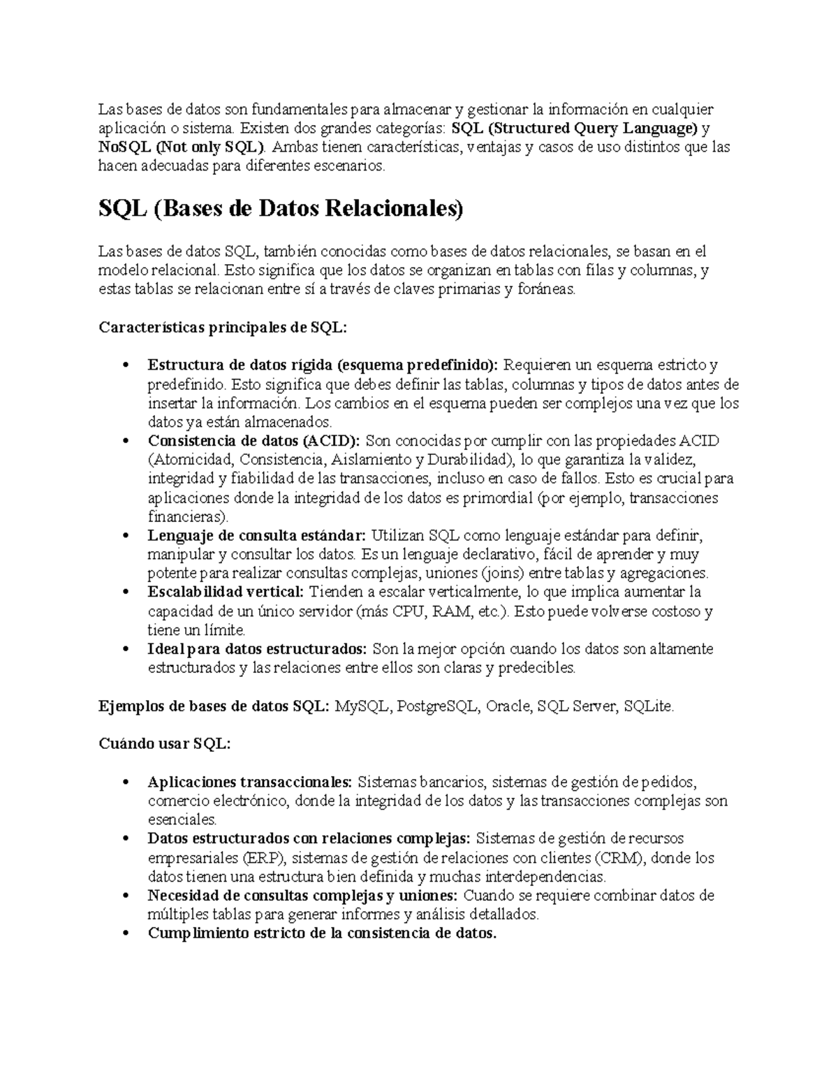 SQL y NoSQL: Resumen de Características y Usos en Bases de Datos - Studocu