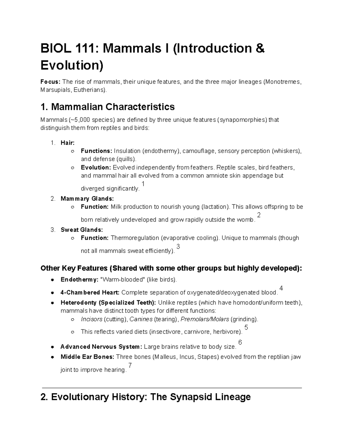 BIOL Mammals I: Evolution and Characteristics of Mammals - Studocu
