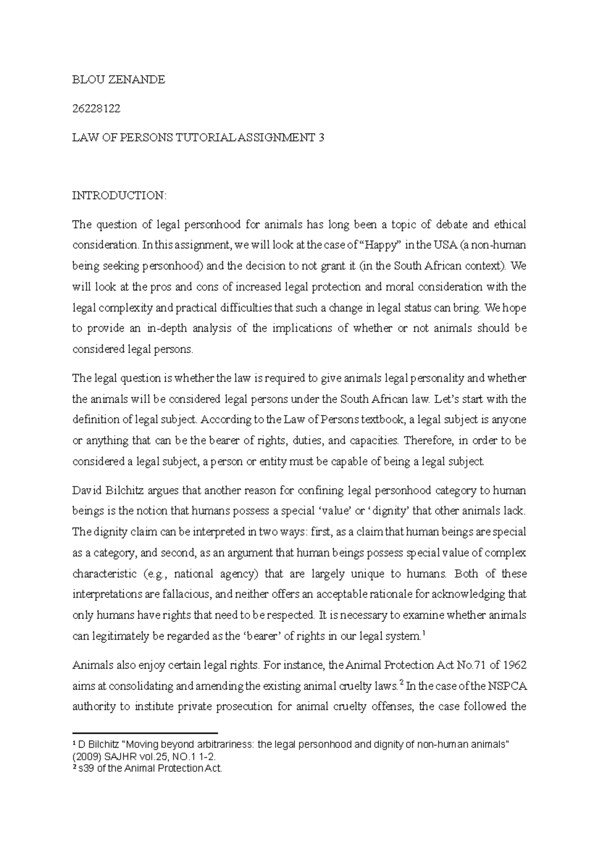 LAW OF PERSONS 26228122 TUTORIAL ASSIGNMENT 3: Legal Personhood for ...