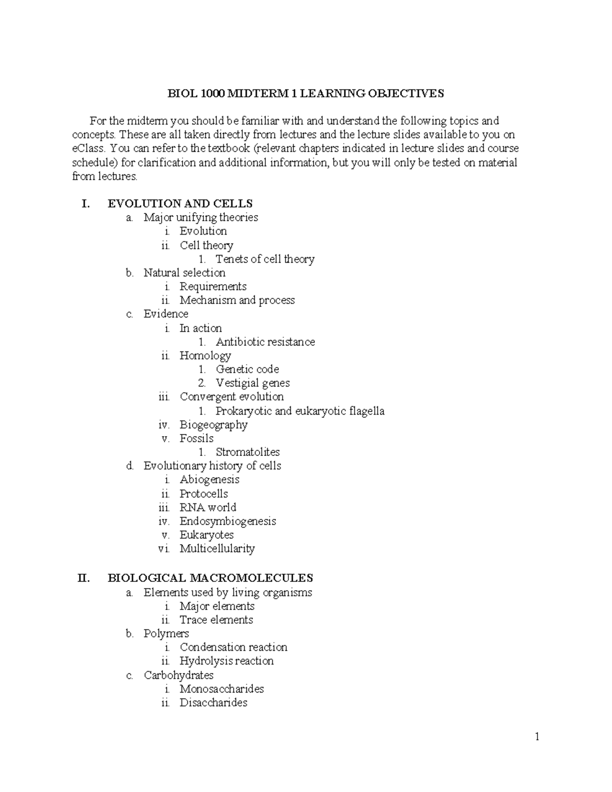 BIOL1000 Midterm 1 Study Guide: Learning Objectives and Topics - Studocu