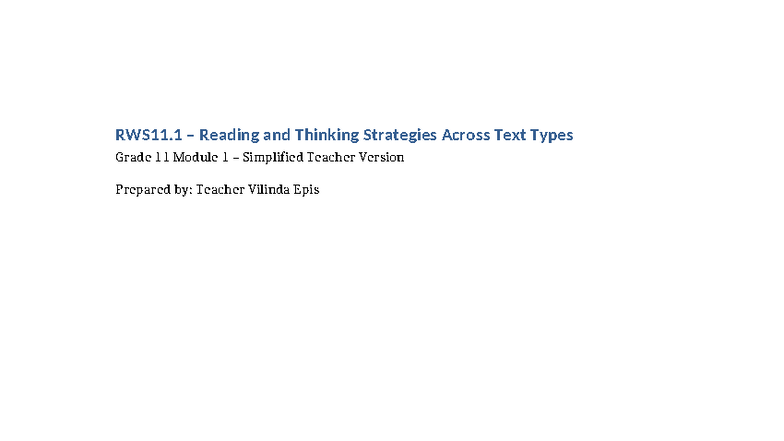 RWS11.1 Reading & Thinking Strategies: Teacher's Module Simplified ...