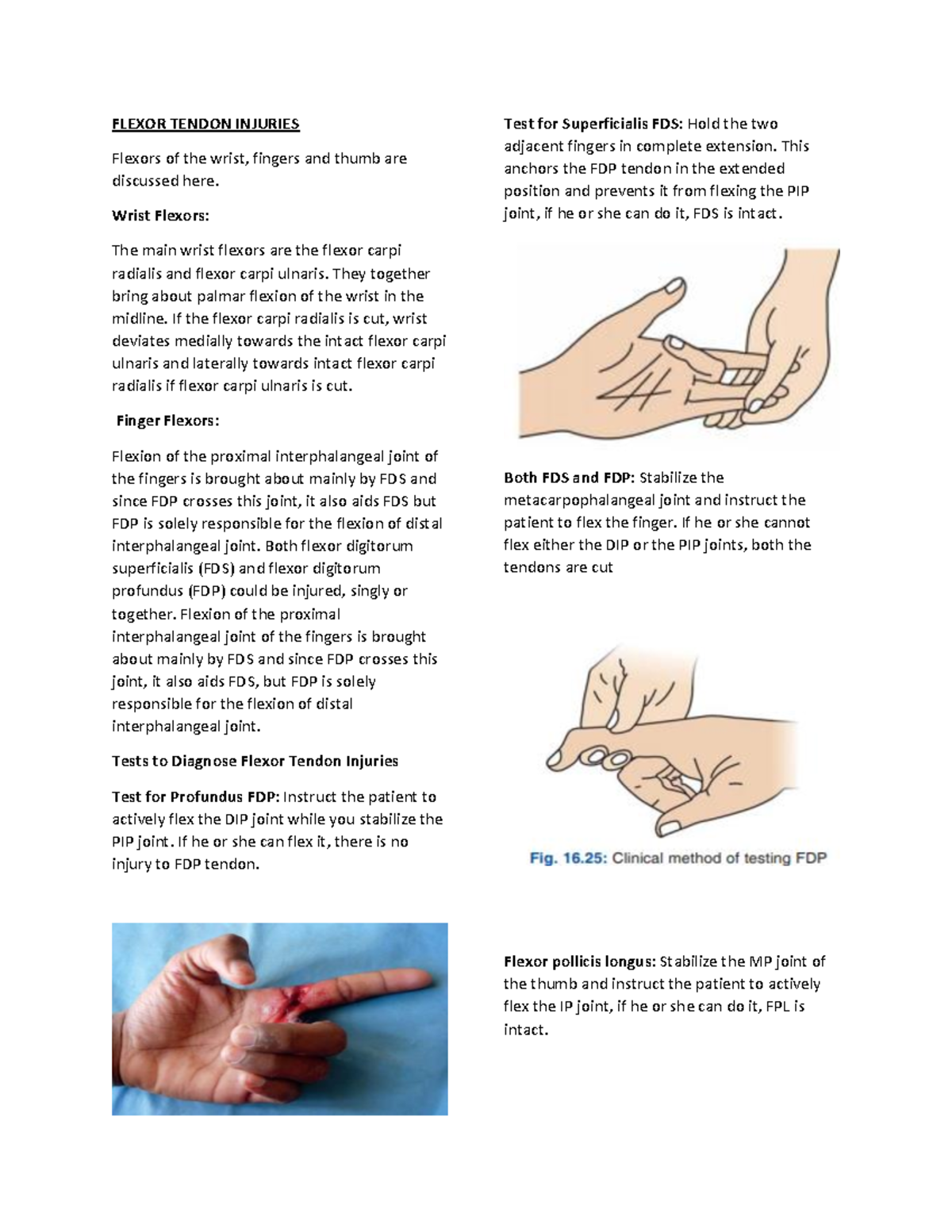 FLEXOR TENDON INJURIES: Diagnosis & Tests for FDS/FDP - Studocu