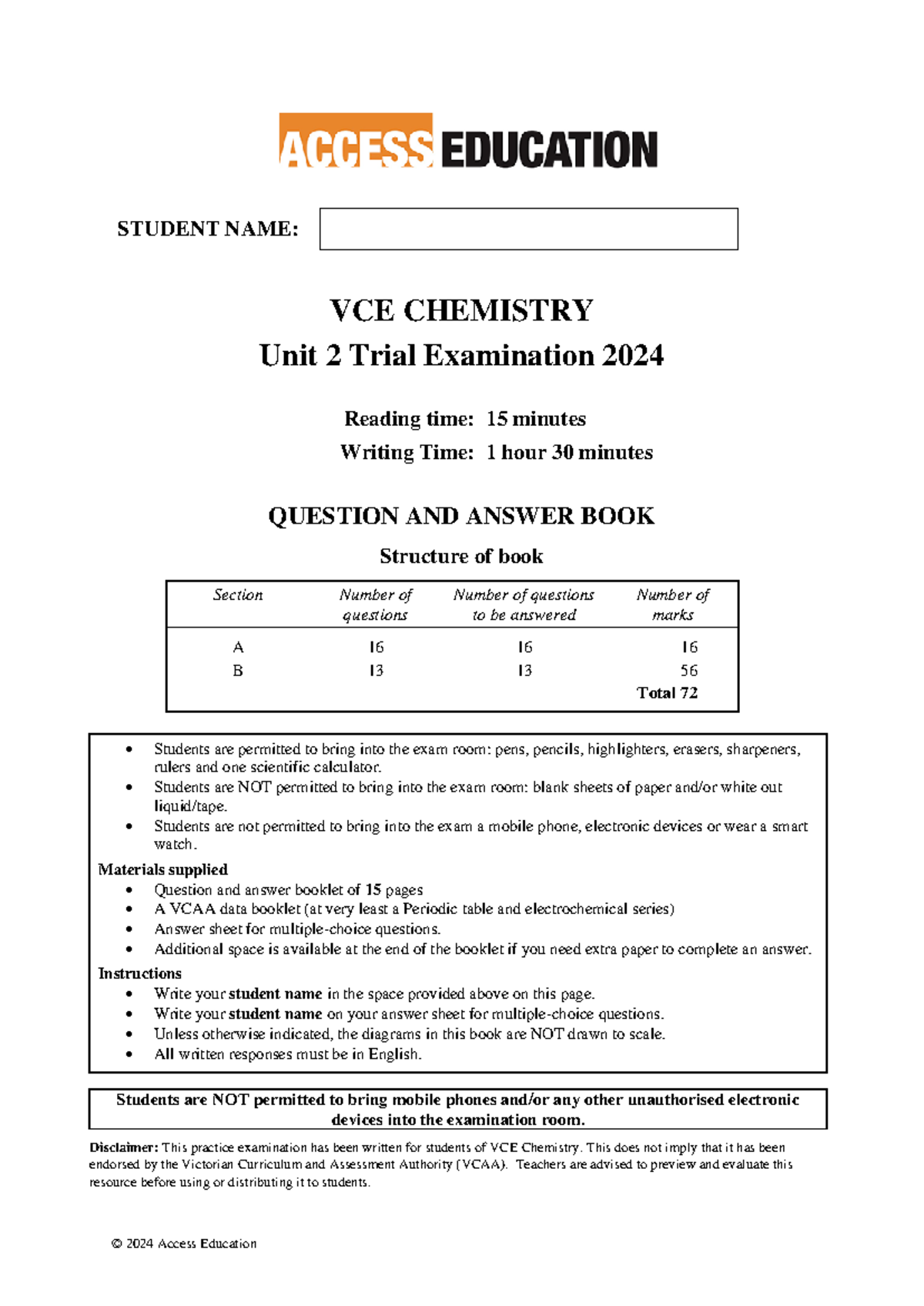 VCE Chemistry Unit 2 Trial Exam 2024: Complete Question Guide - Studocu
