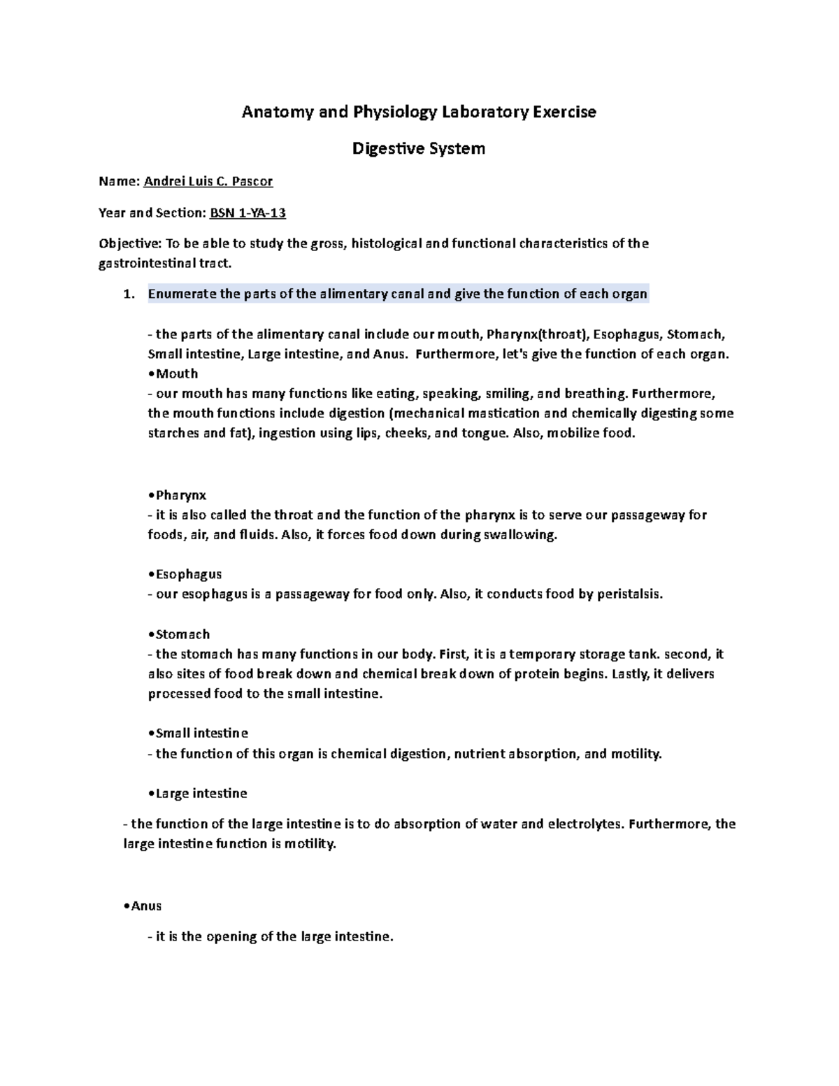 Anatomy and Physiology Laboratory Exercise Digestive System Pascor Andrei Luis C - Pascor Year ...