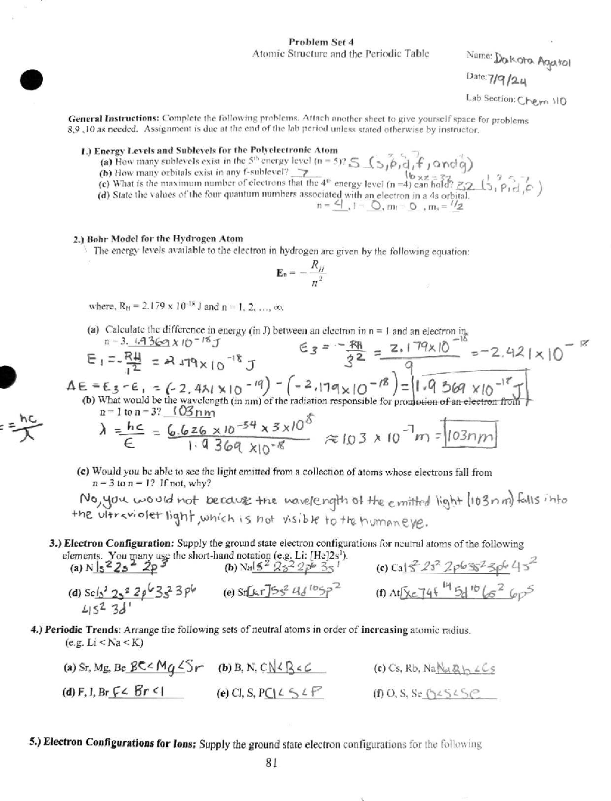 Chem 110 Problem Set 4: Atomic Structure & Periodic Table - Studocu