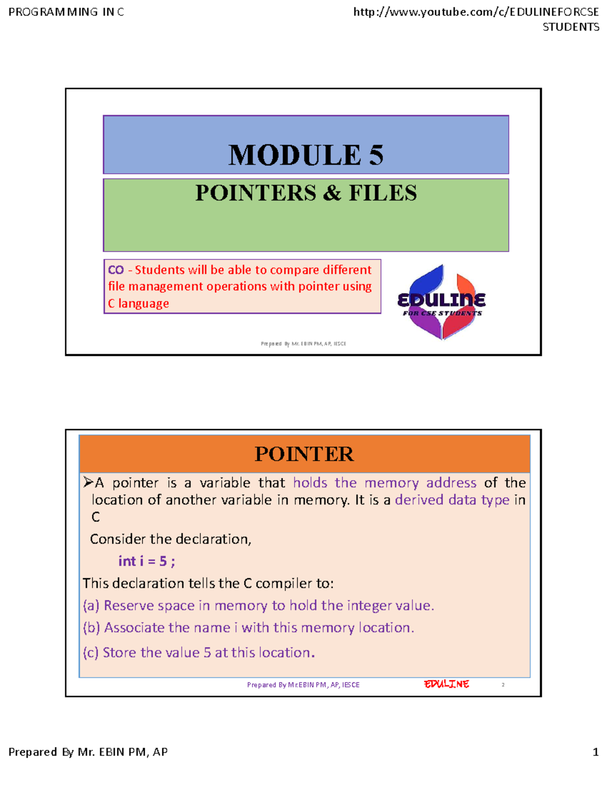 C Programming Module 5: Pointers and File Management Techniques - Studocu