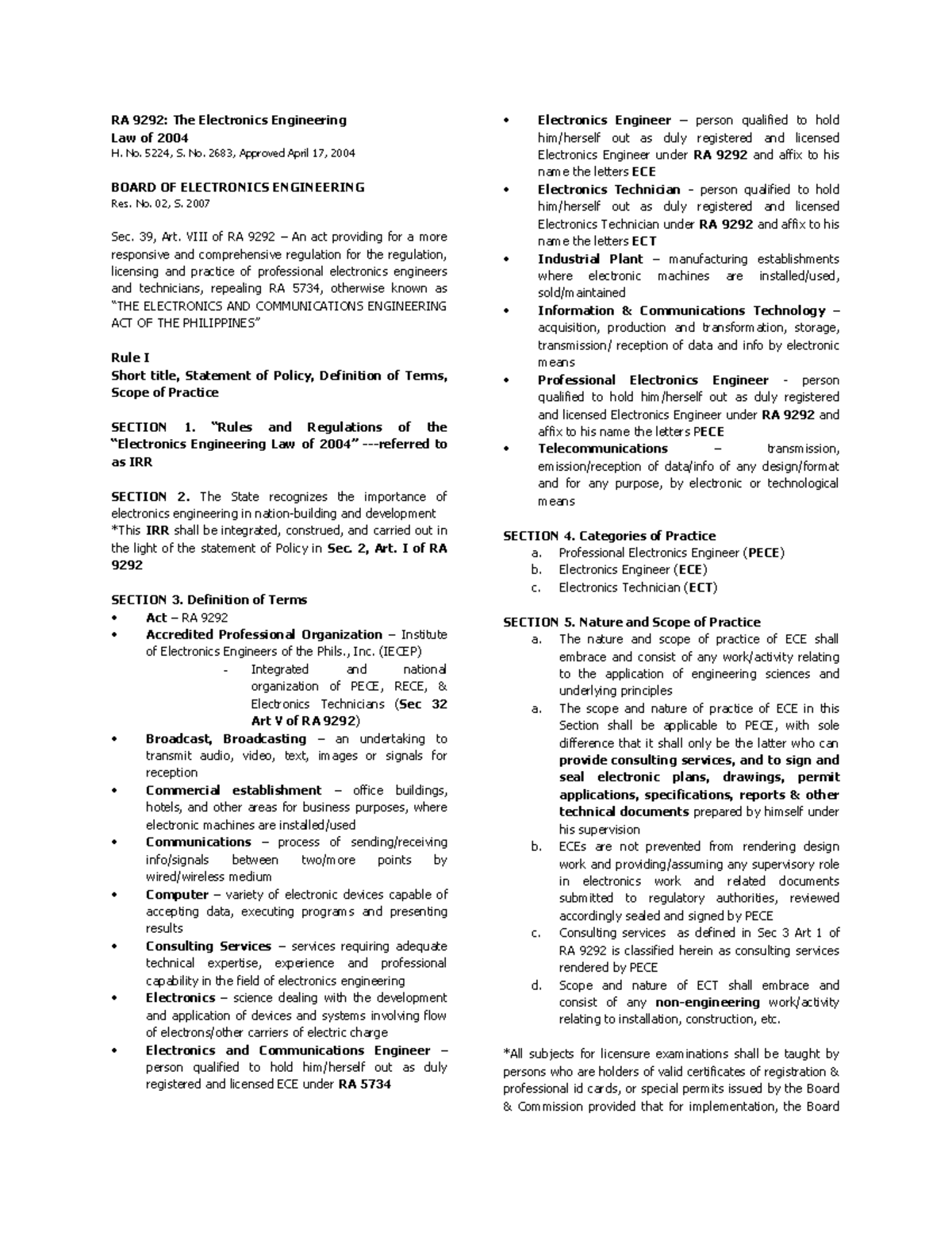 294430600 RA 9292: Summary of Electronics Engineering Law - Studocu