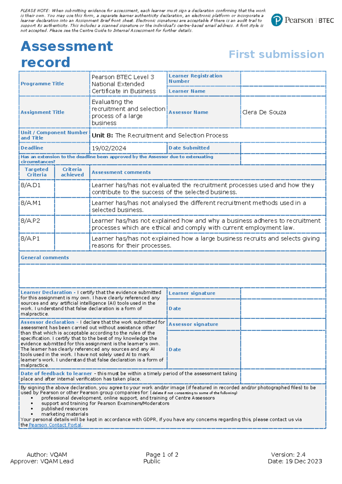 BTEC Level 3 Unit 8 Assessment Record: Recruitment & Selection Process ...