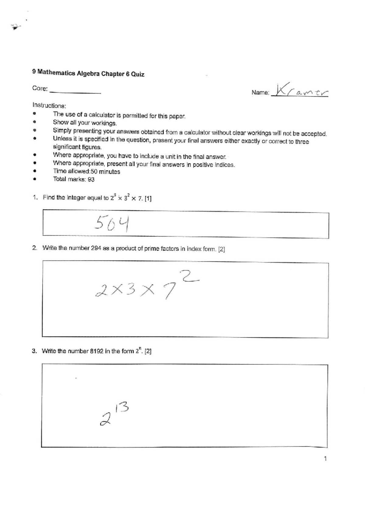 Mathematics Algebra Chapter 6 Quiz (Course Code: 9) - Studocu